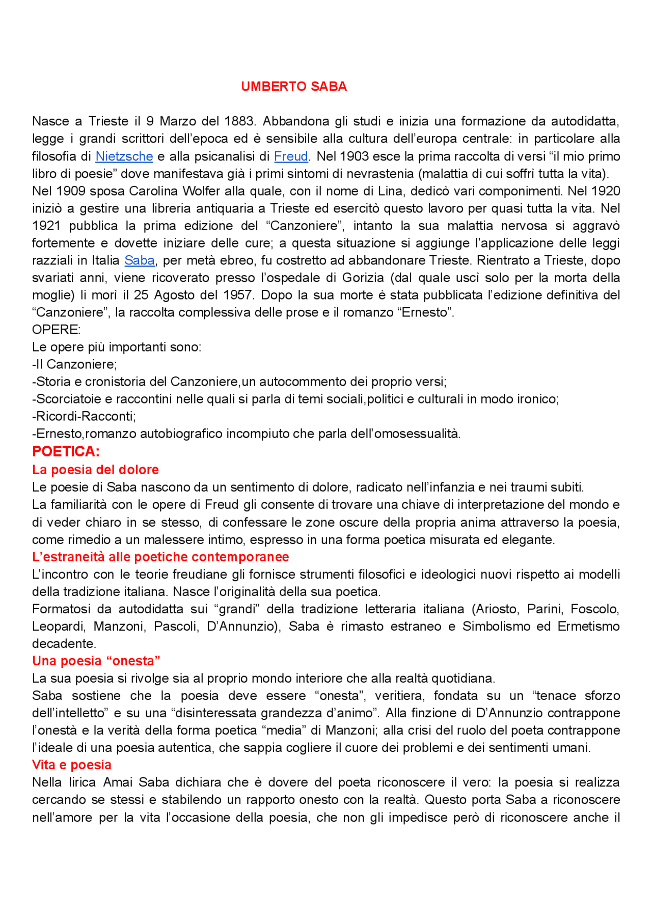 Umberto Saba Appunti Docsity