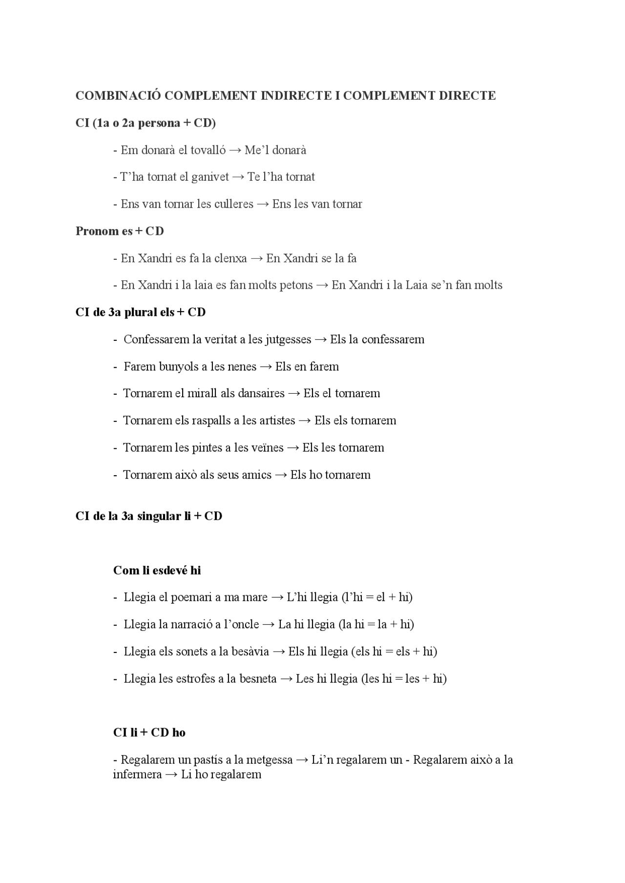 COMBINACIÓ COMPLEMENT INDIRECTE I COMPLEMENT DIRECTE - Docsity