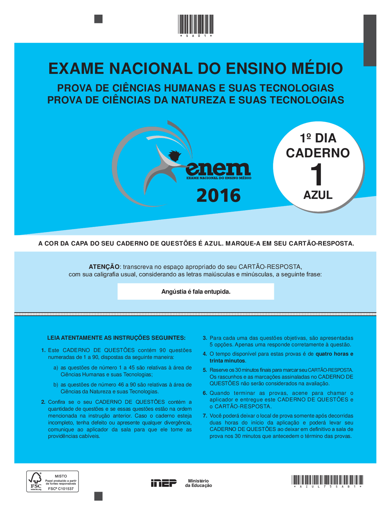 Prova Do Enem 2016 Com Gabarito Docsity