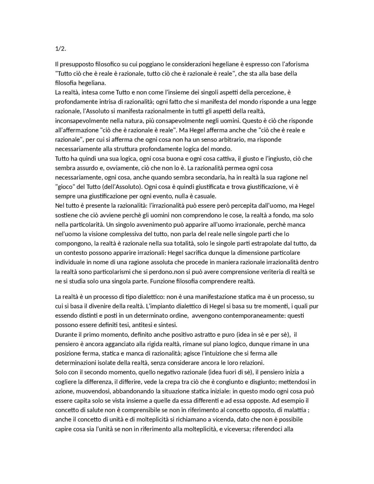 Riassunto su Hegel e il suo pensiero - Docsity