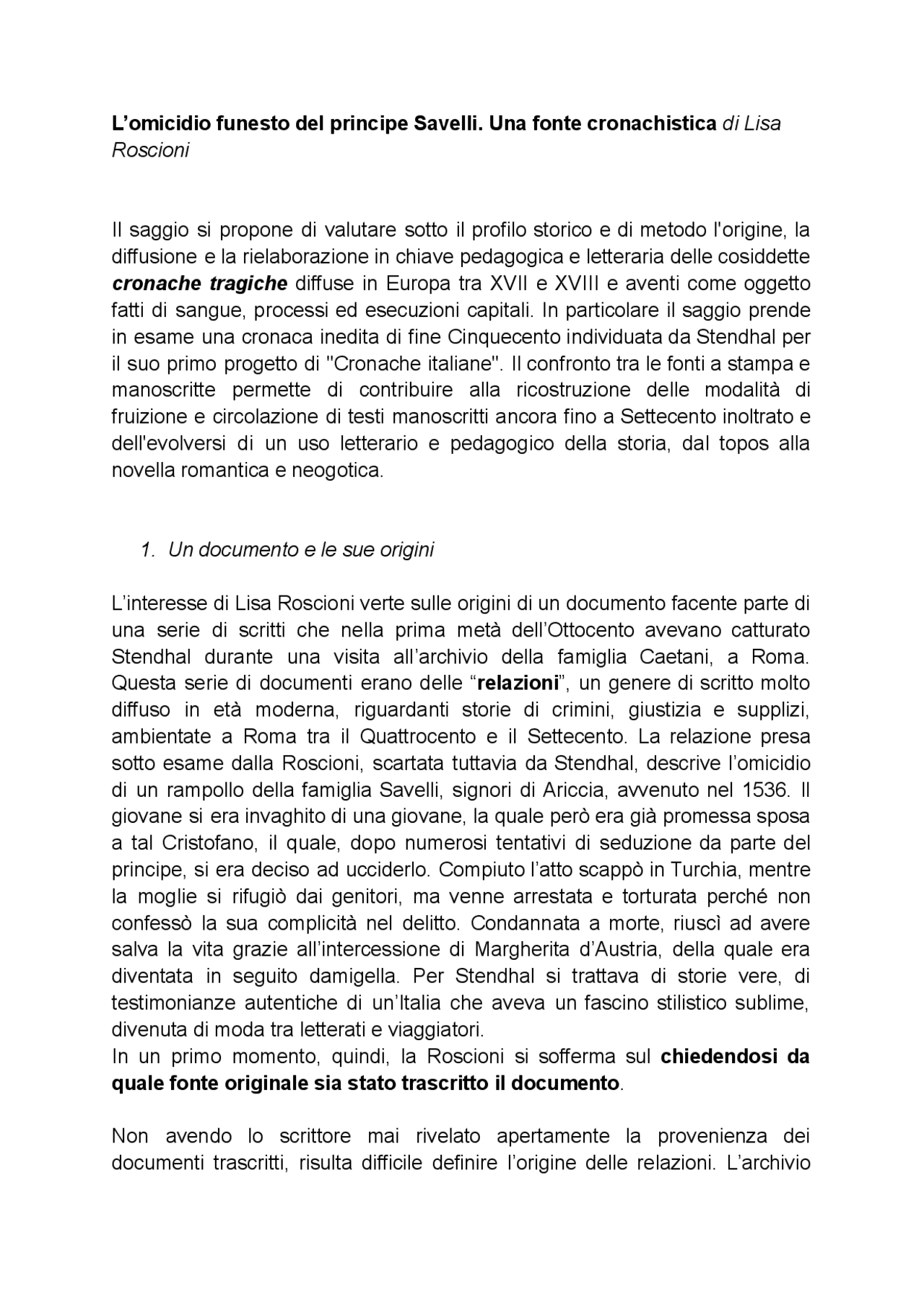 Lisa Roscioni - L'omicidio del principe Savelli. Una fonte ...