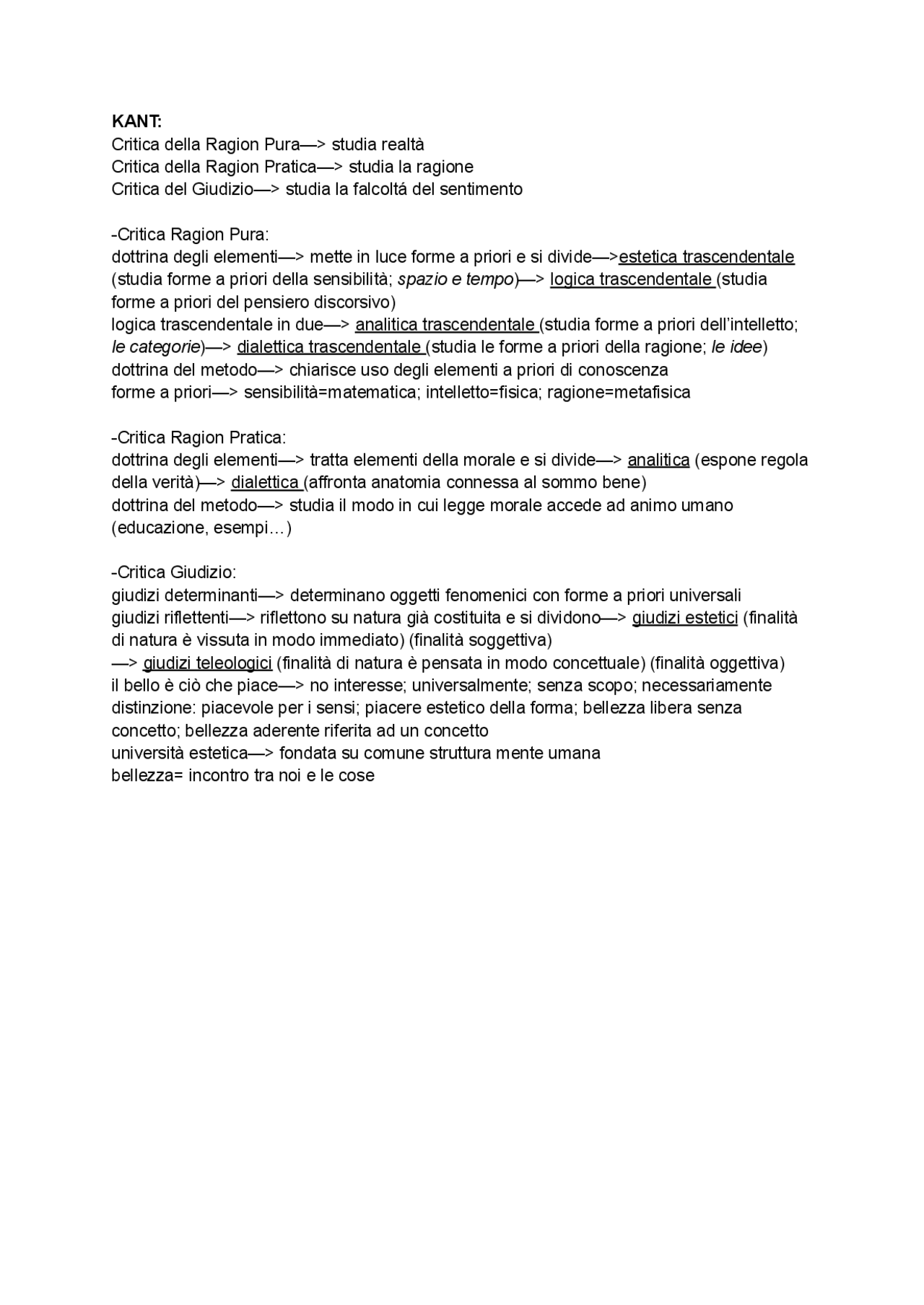 Schema Riassuntivo Di Kant Docsity