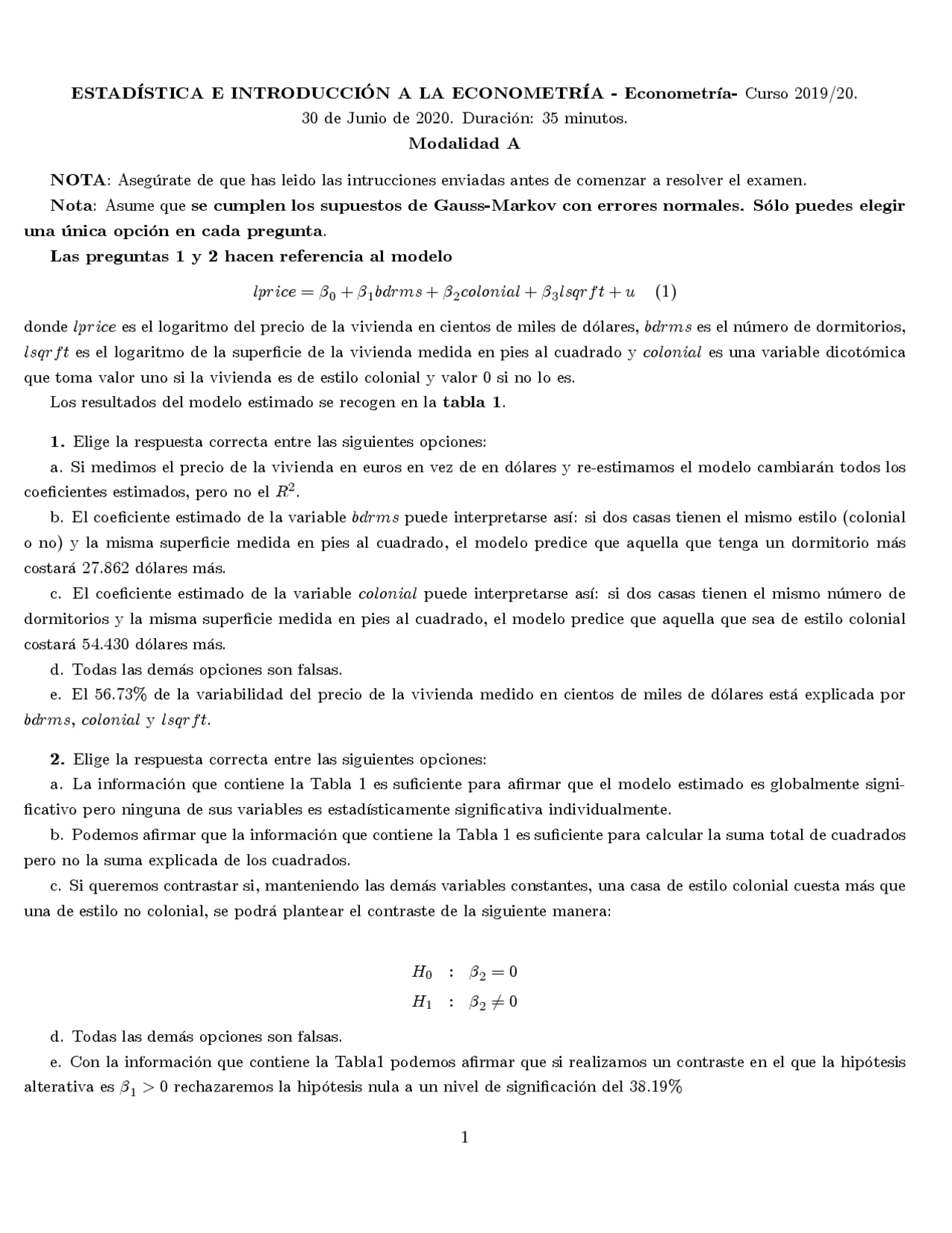 Examen econometria 2020 - Docsity