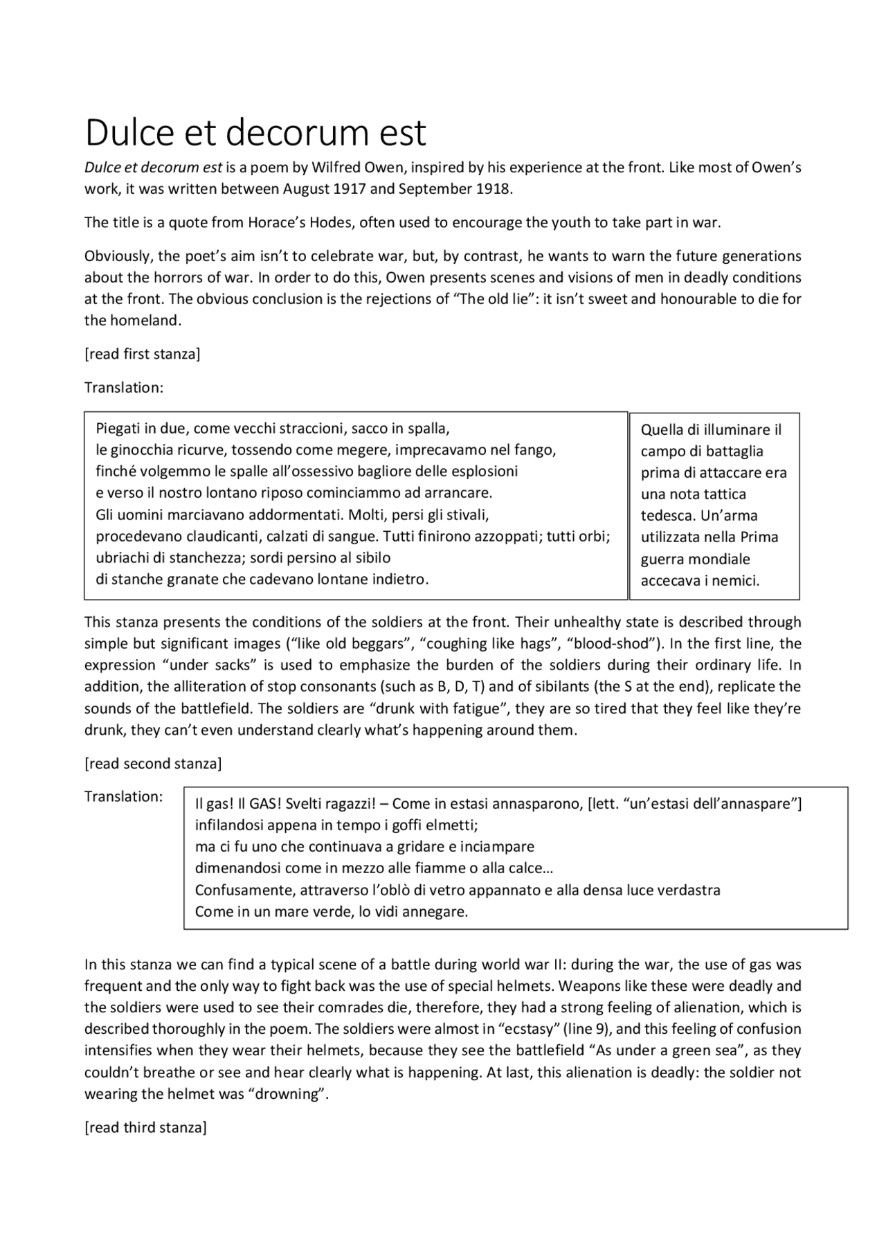 Analysis of "Dulce et decorum est" by Owen - Docsity