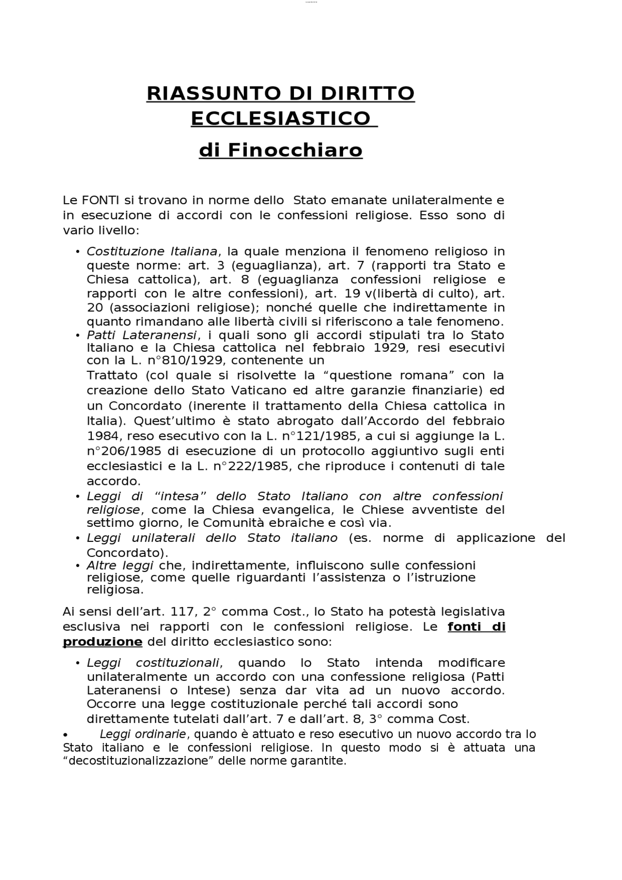 Riassunto Di Diritto Ecclesiastico Di Finocchiaro Docsity