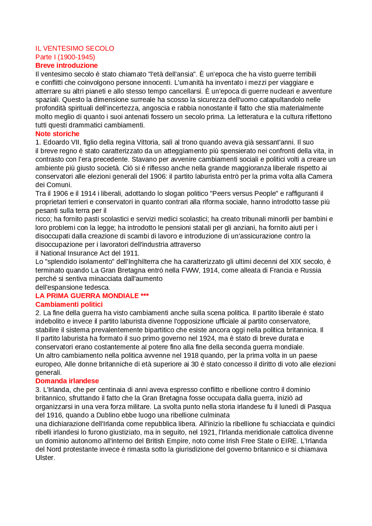 IL VENTESIMO SECOLO Parte I (1900-1945) Breve introduzione | Appunti di ...