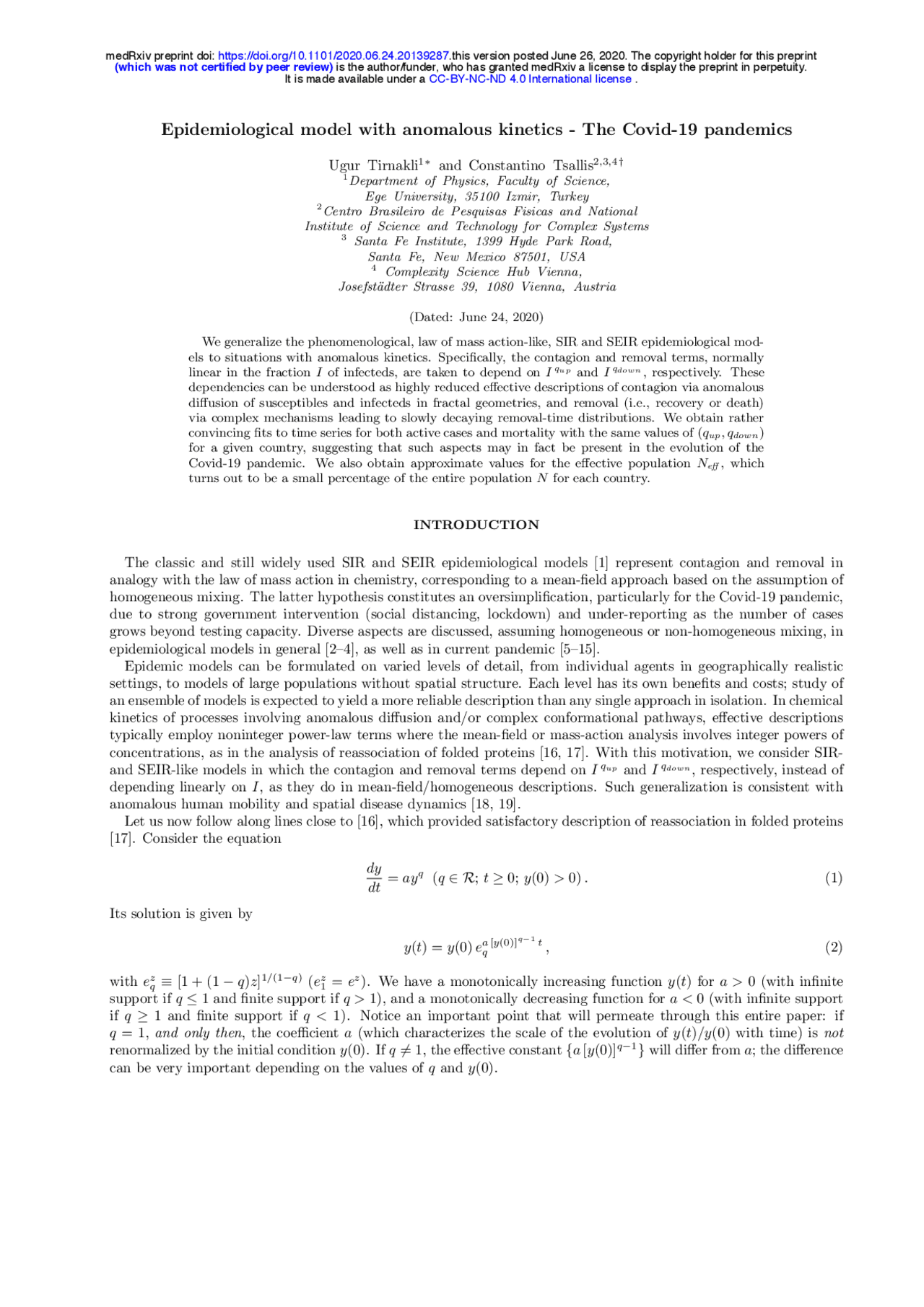 Epidemiological Model With Anomalous Kinectic Docsity