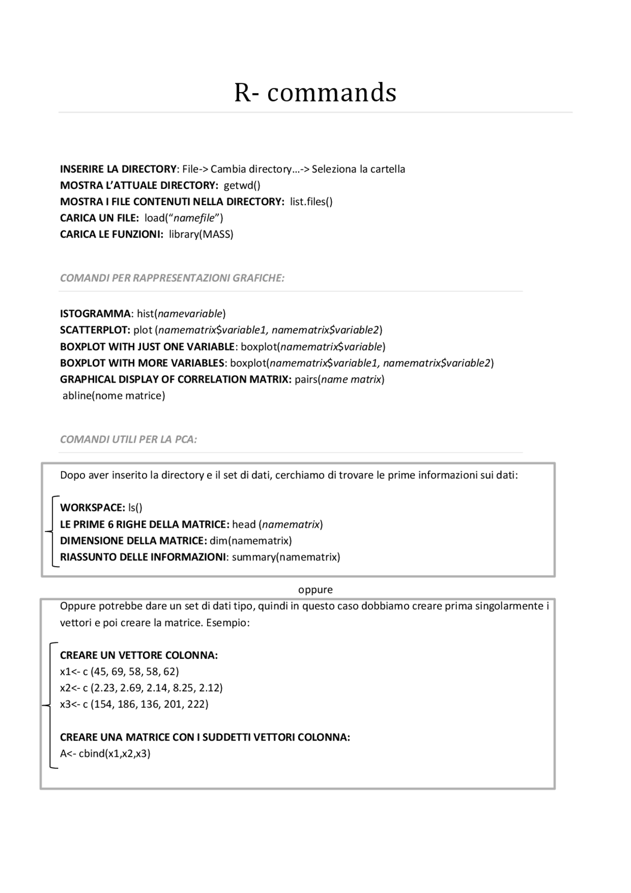 Comandi R - statistical methods - Docsity