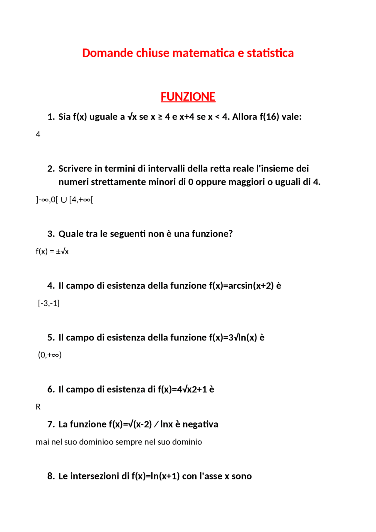 Paniere Di Matematica E Statistica Domande Chiuse E Campus Prof