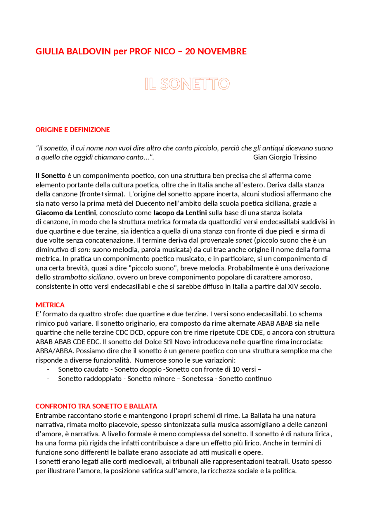 Il Sonetto Appunti Docsity