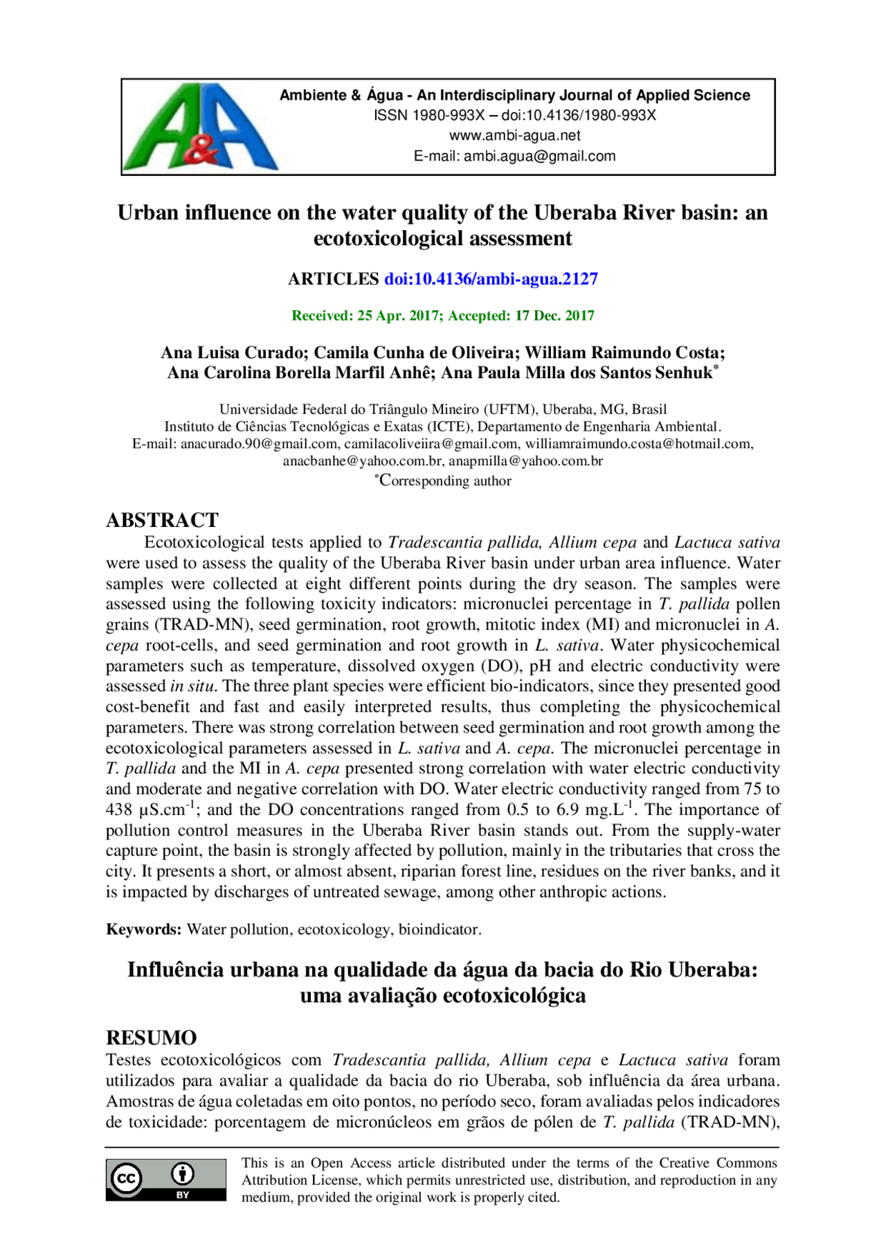 Assessing Water Quality in Uberaba River Basin: An Ecotoxicological ...