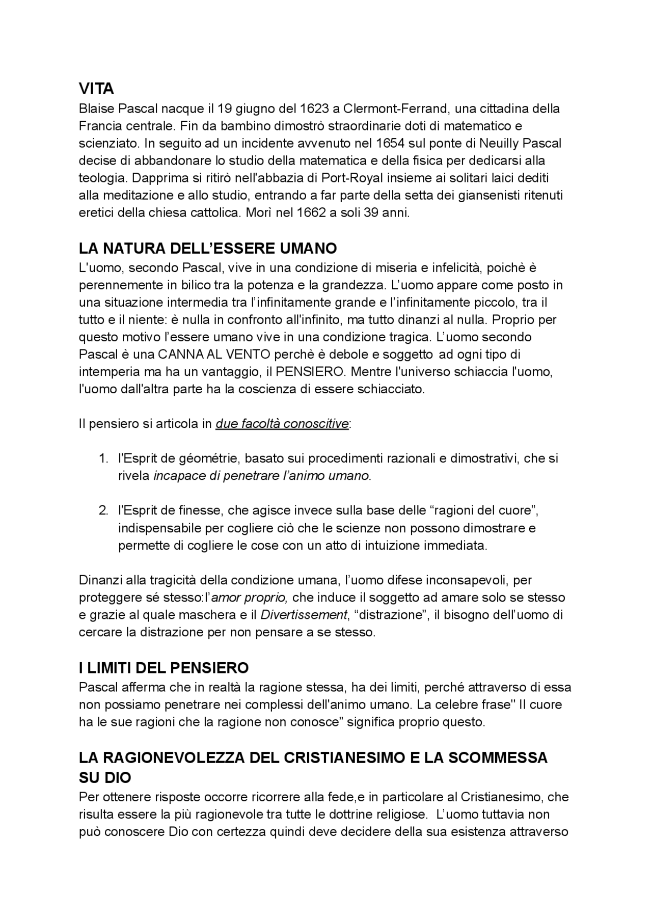 Blaise Pascal Vita E Pensiero Filosofico Docsity