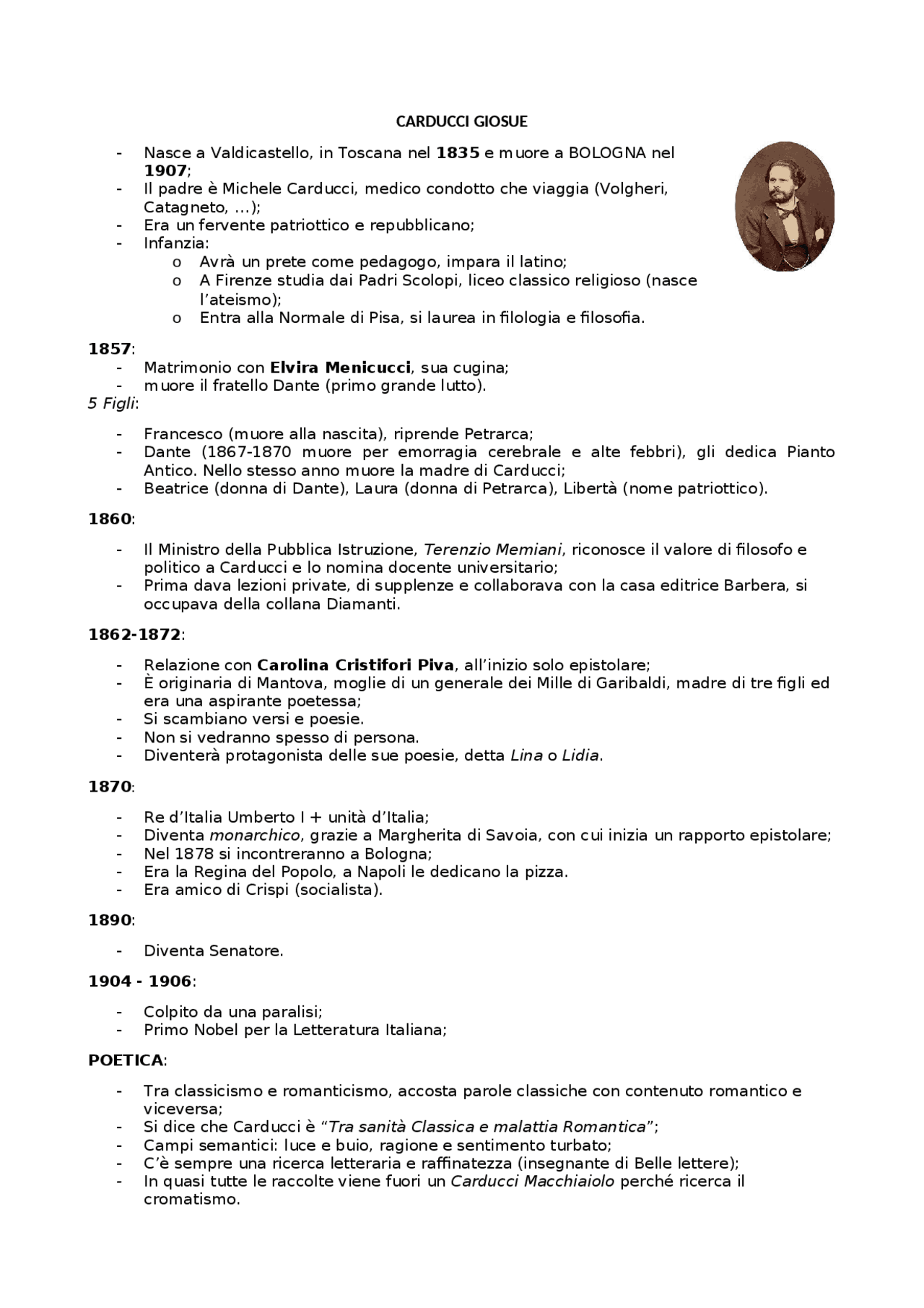 Vita E Opere Di Carducci Docsity