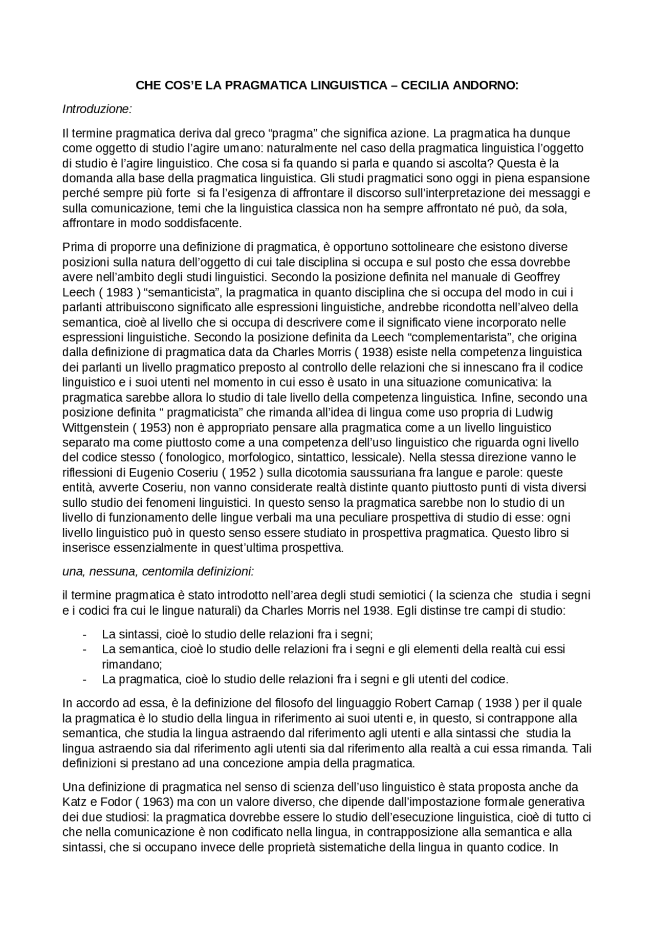 Che Cosè La Pragmatica Linguistica Cecilia Andorno Docsity