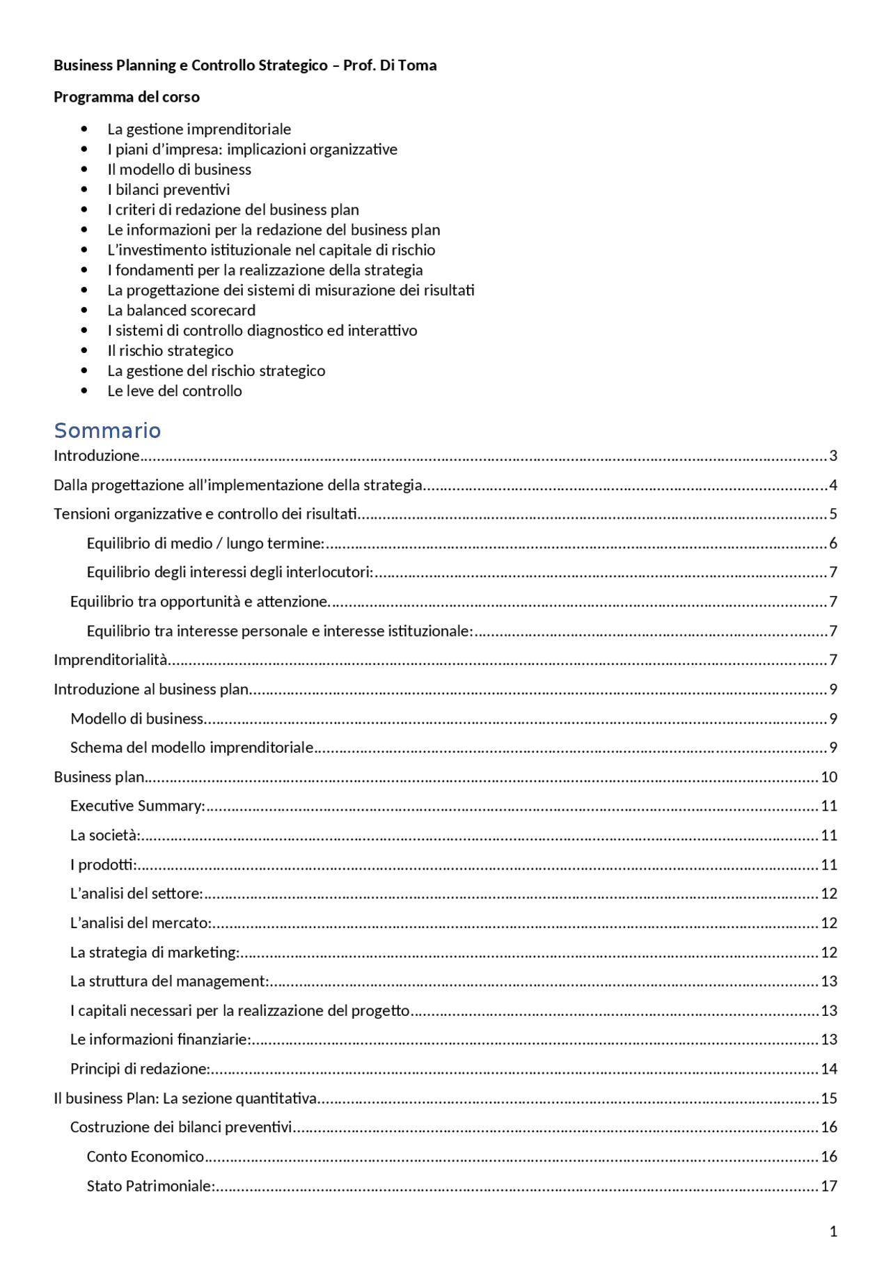 Appunti Completi Di Business Planning E Controllo Strategico Docsity