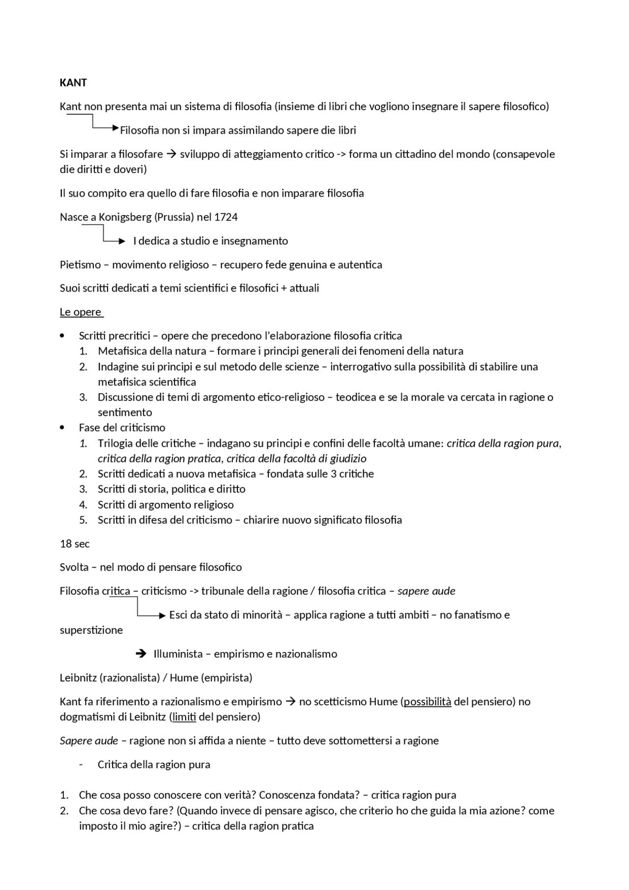 Kant Critica Ragion Pratica E Pura Docsity