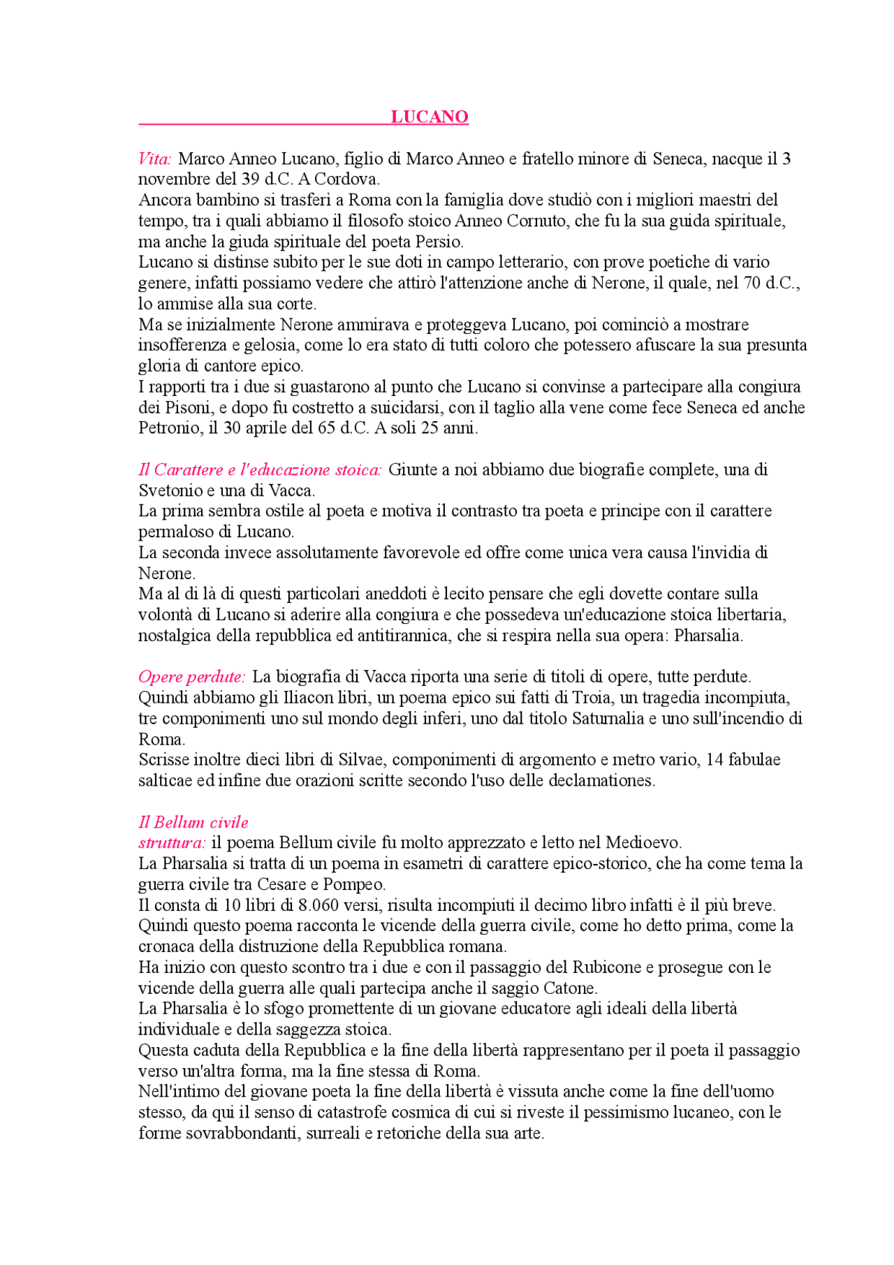 Lucano Vita Opere E Pensiero Docsity