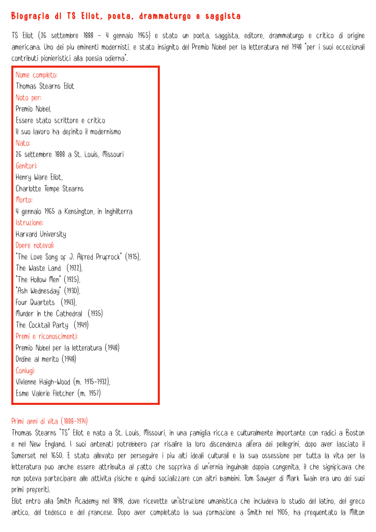 Biografia Ts Eliot Docsity