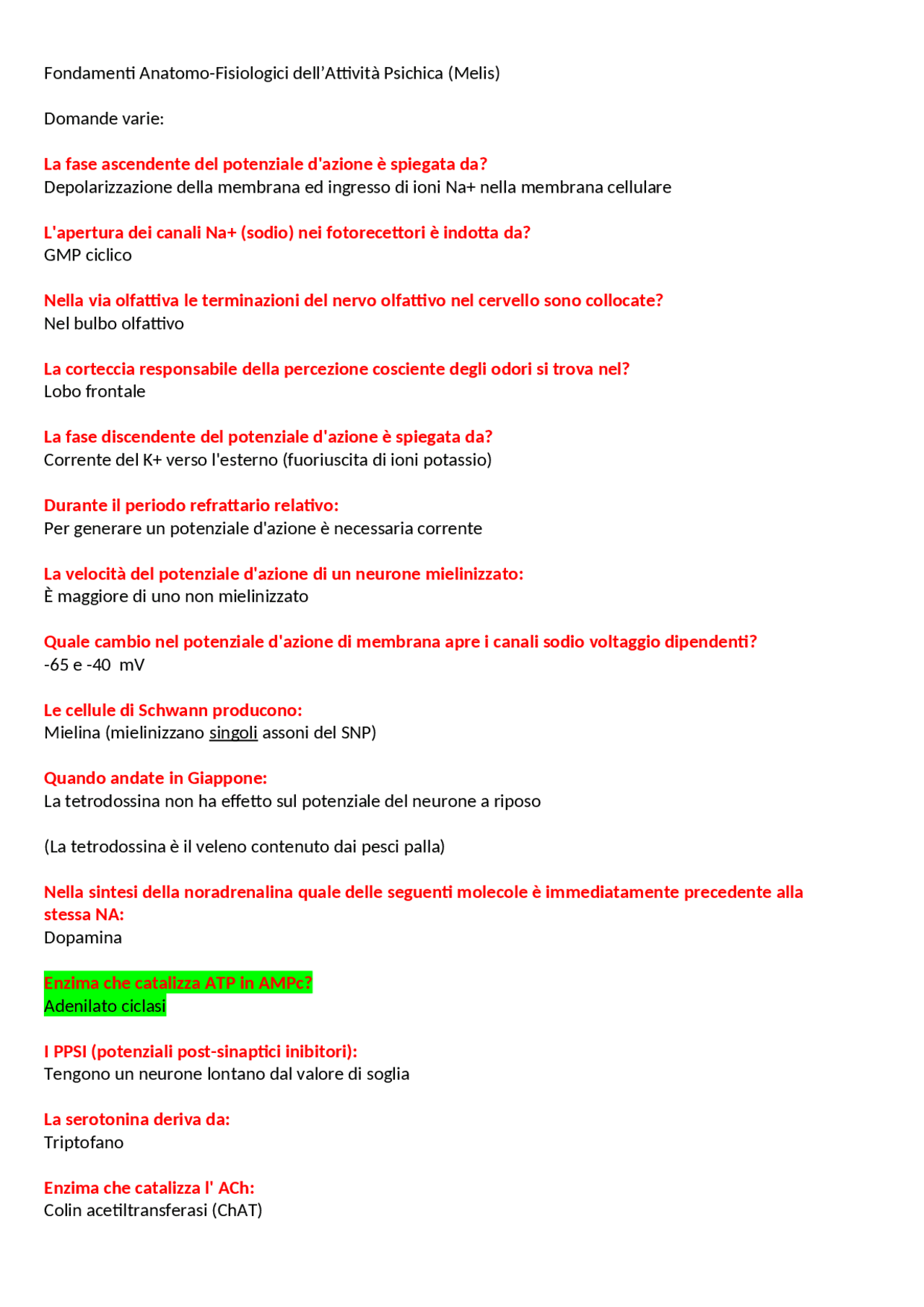 Domande Esame Neuroscienze Docsity
