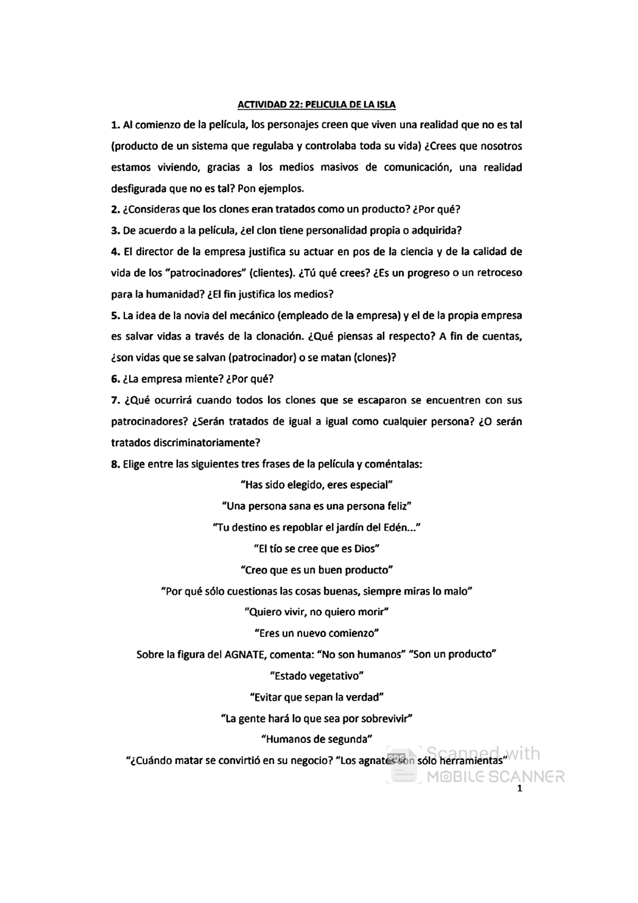 La isla preguntas y respuestas | Ejercicios de Cultura Científica | Docsity