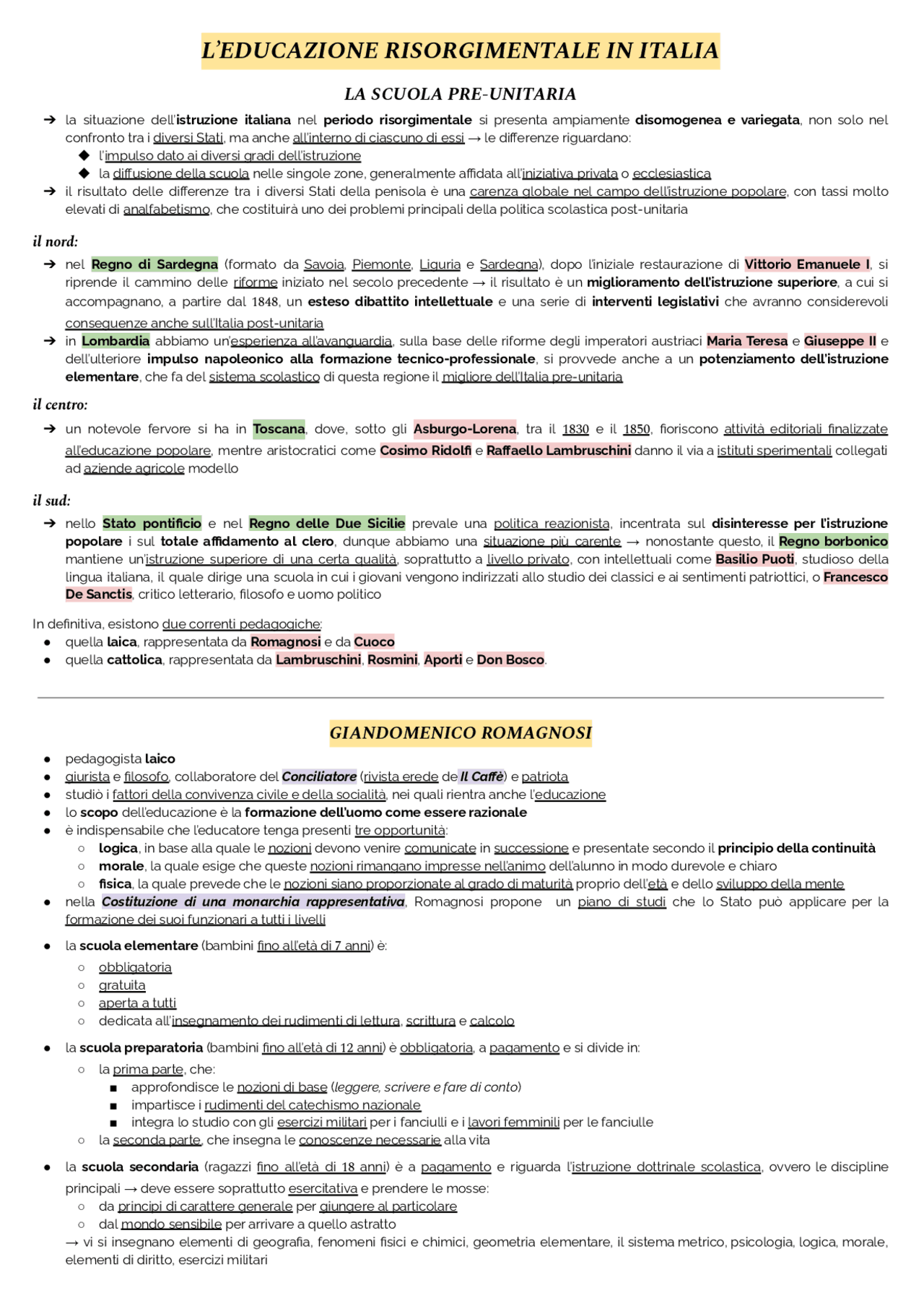 PEDAGOGIA: l'educazione risorgimentale in Italia - Docsity