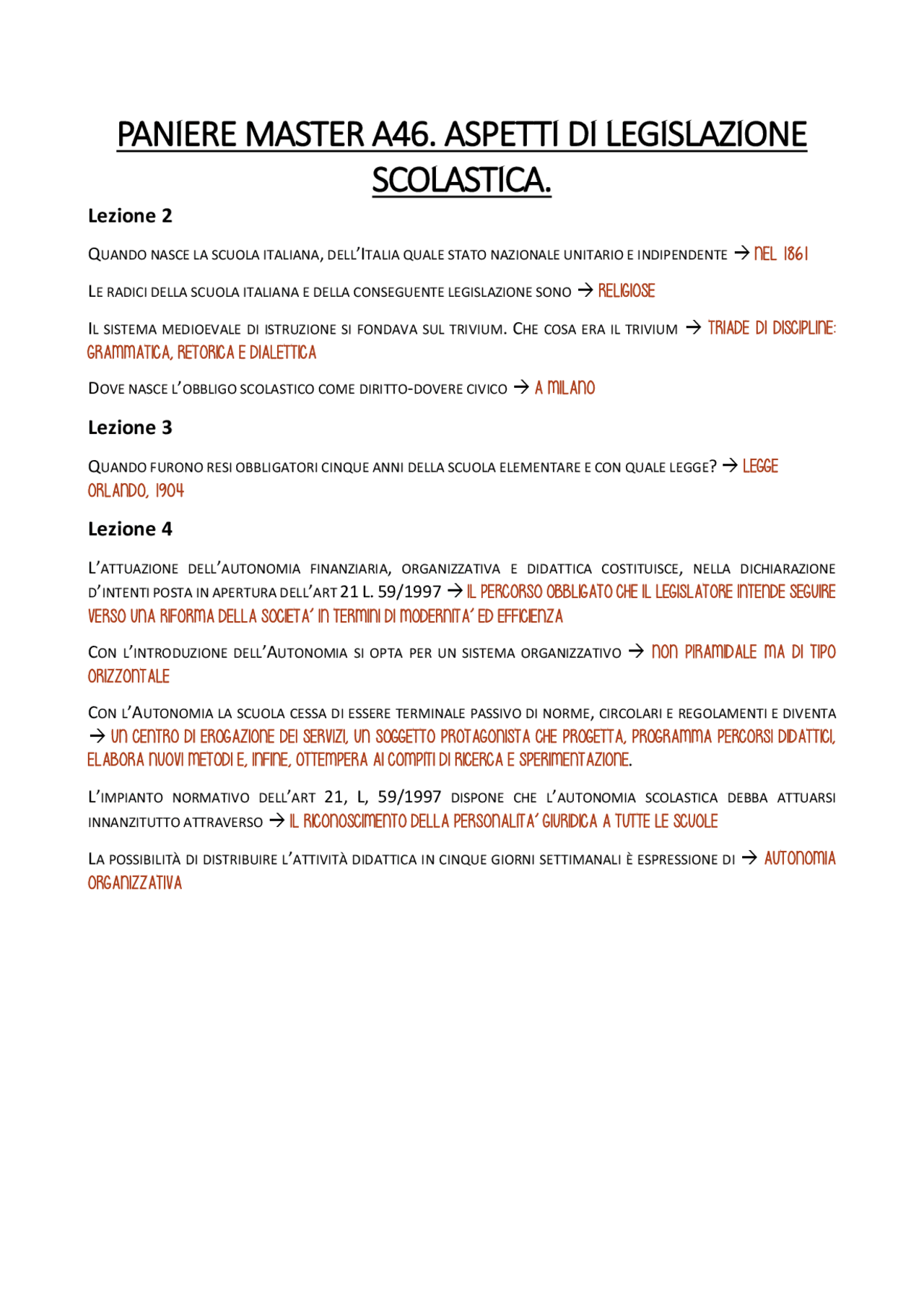 Paniere Master A46_ Aspetti di legislazione scolastica E-Campus - Docsity