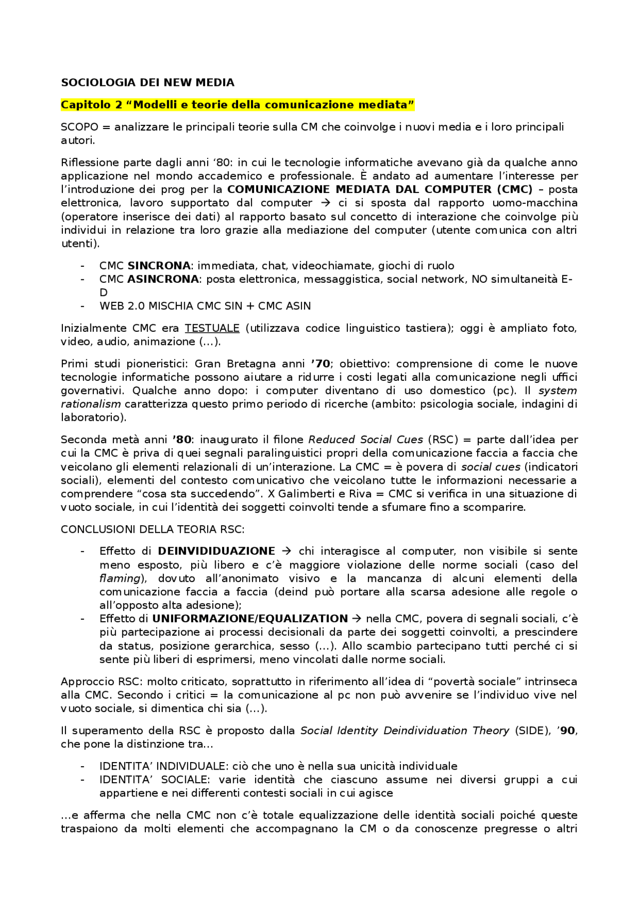 Riassunto Sociologia Dei New Media Docsity
