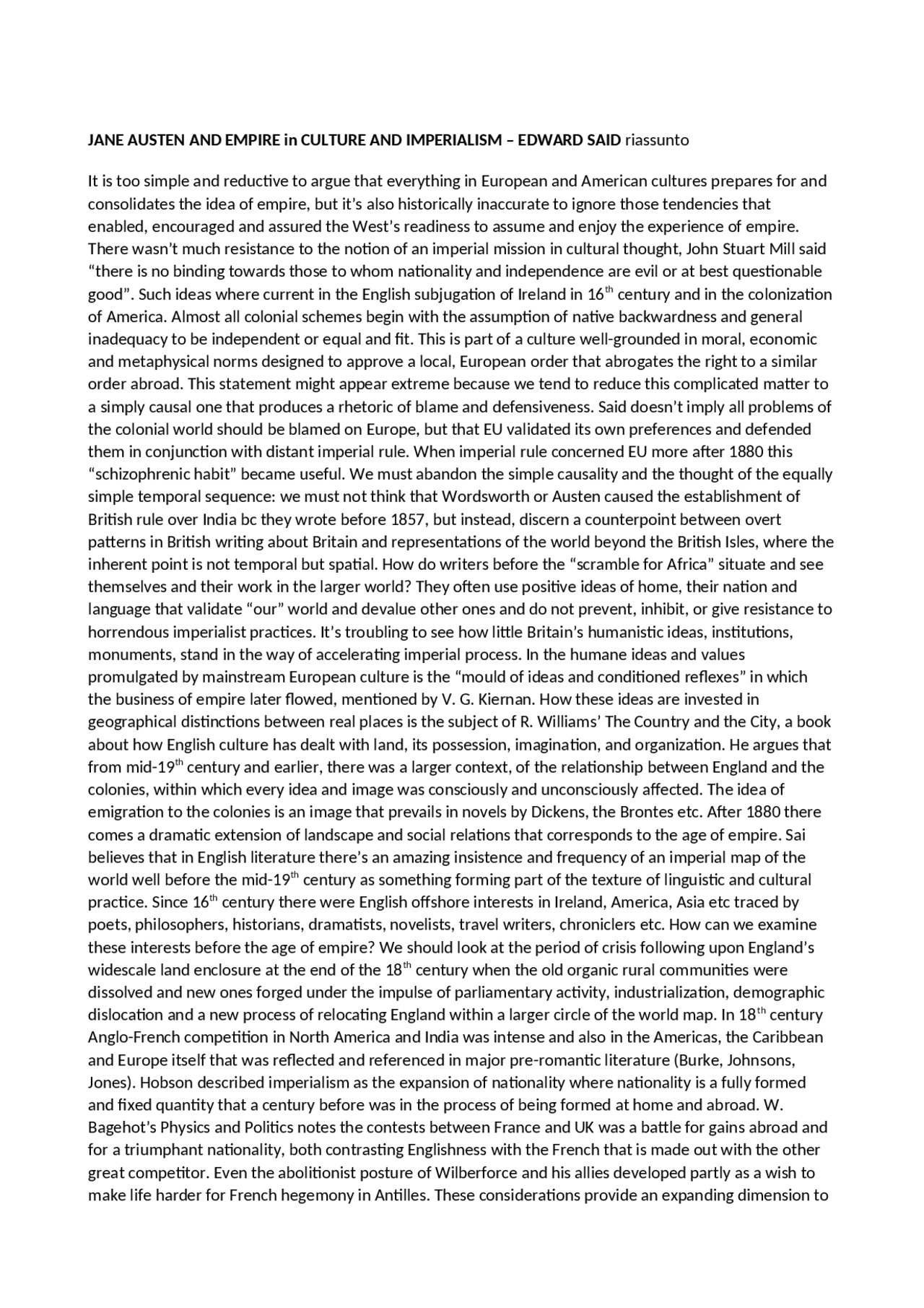 Riassunto saggio E. Said, "Jane Austen and Empire", in Culture and ...