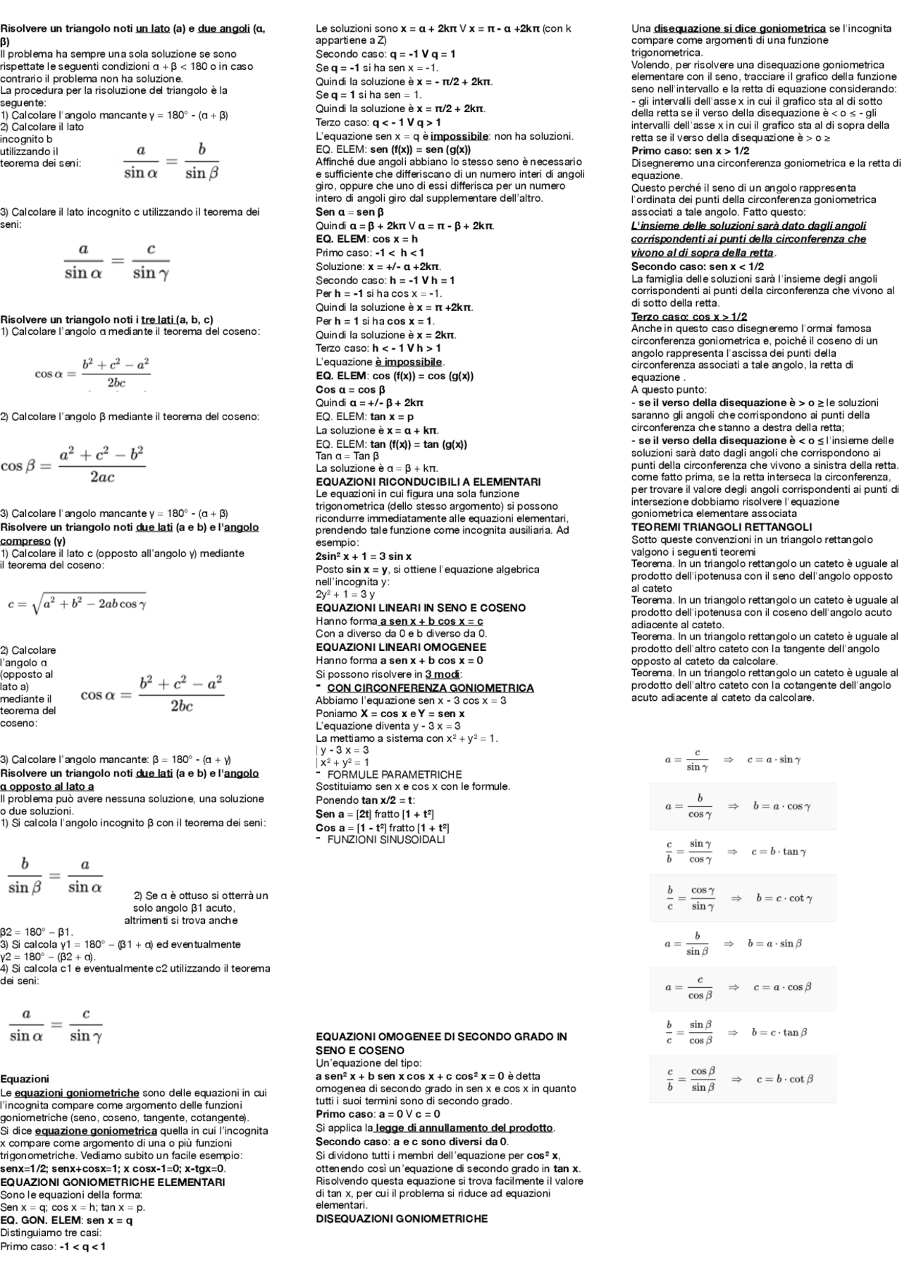 Appunti Schematici Di Goniometria E Trigonometria Docsity
