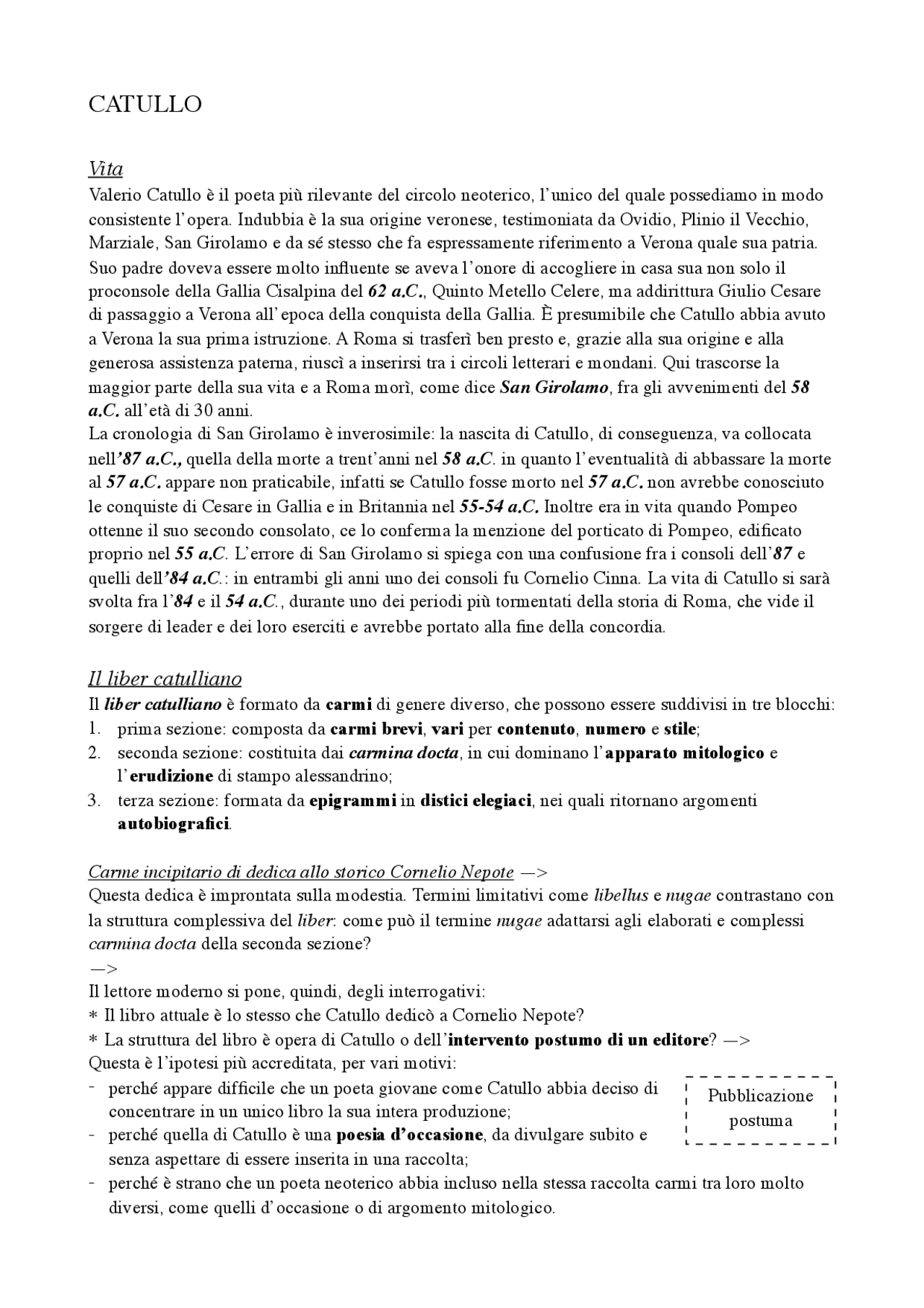 Catullo Riassunto Di Latino Docsity