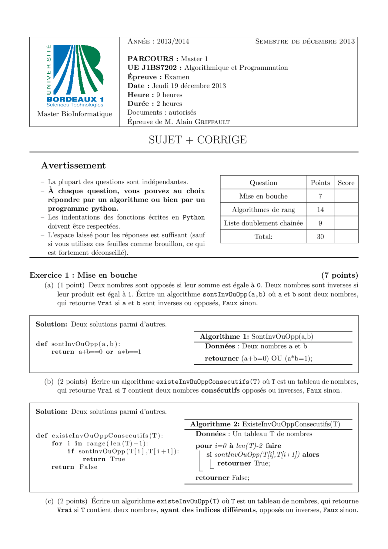 Algorithme Et Programmation Et Exercices Docsity