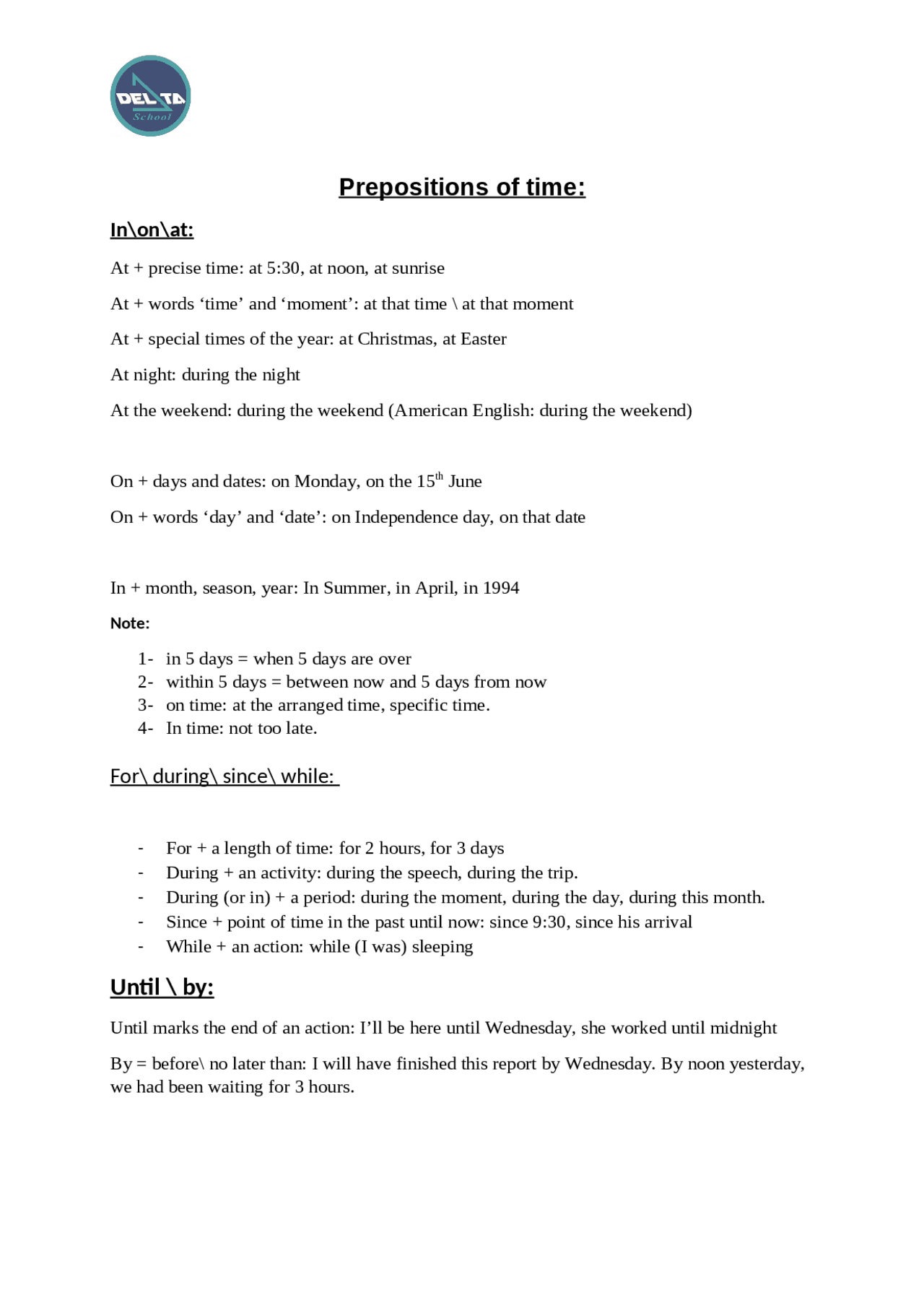 Prepositions of time - Docsity