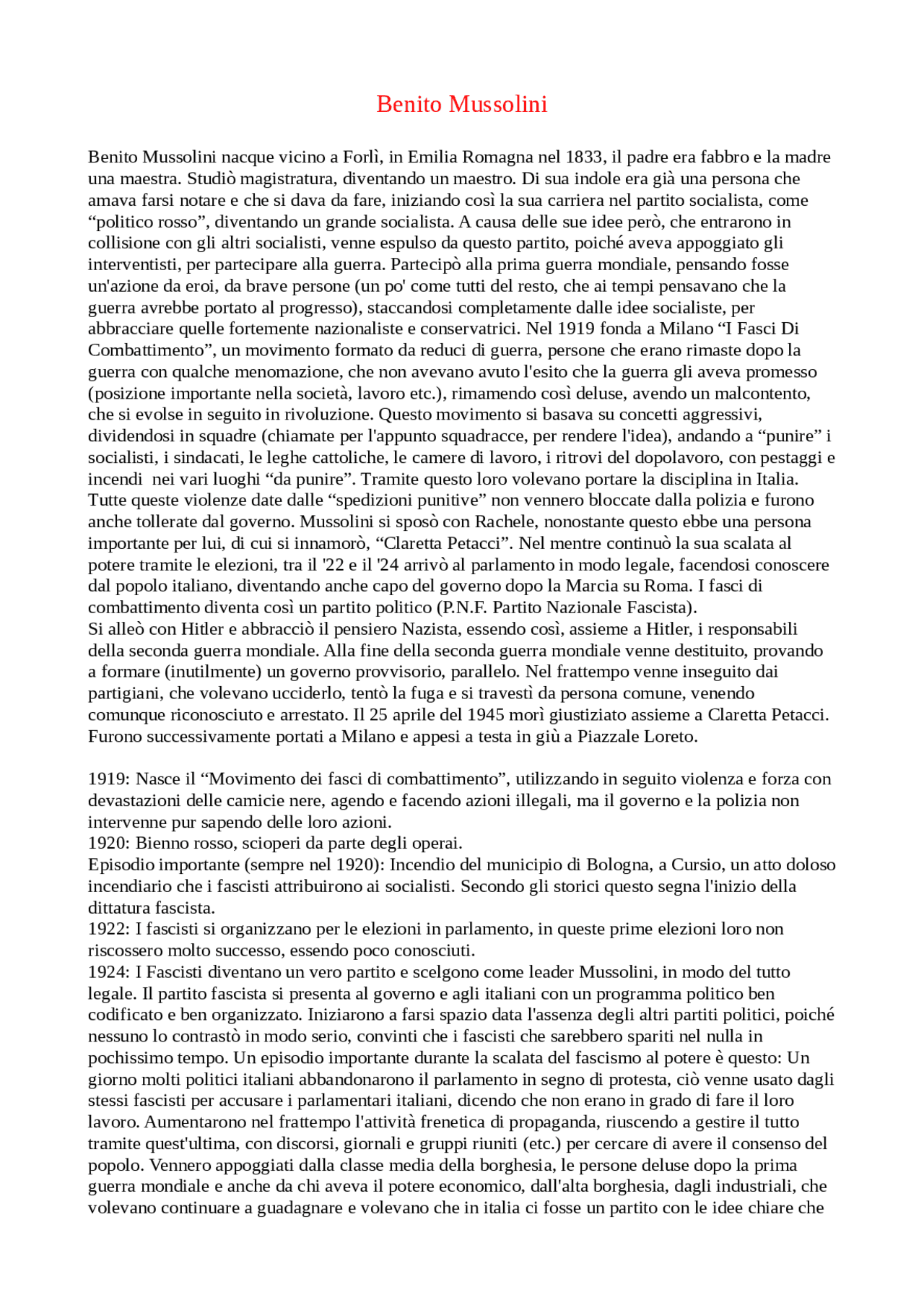 Mussolini e la sua ascesa al potere - Docsity