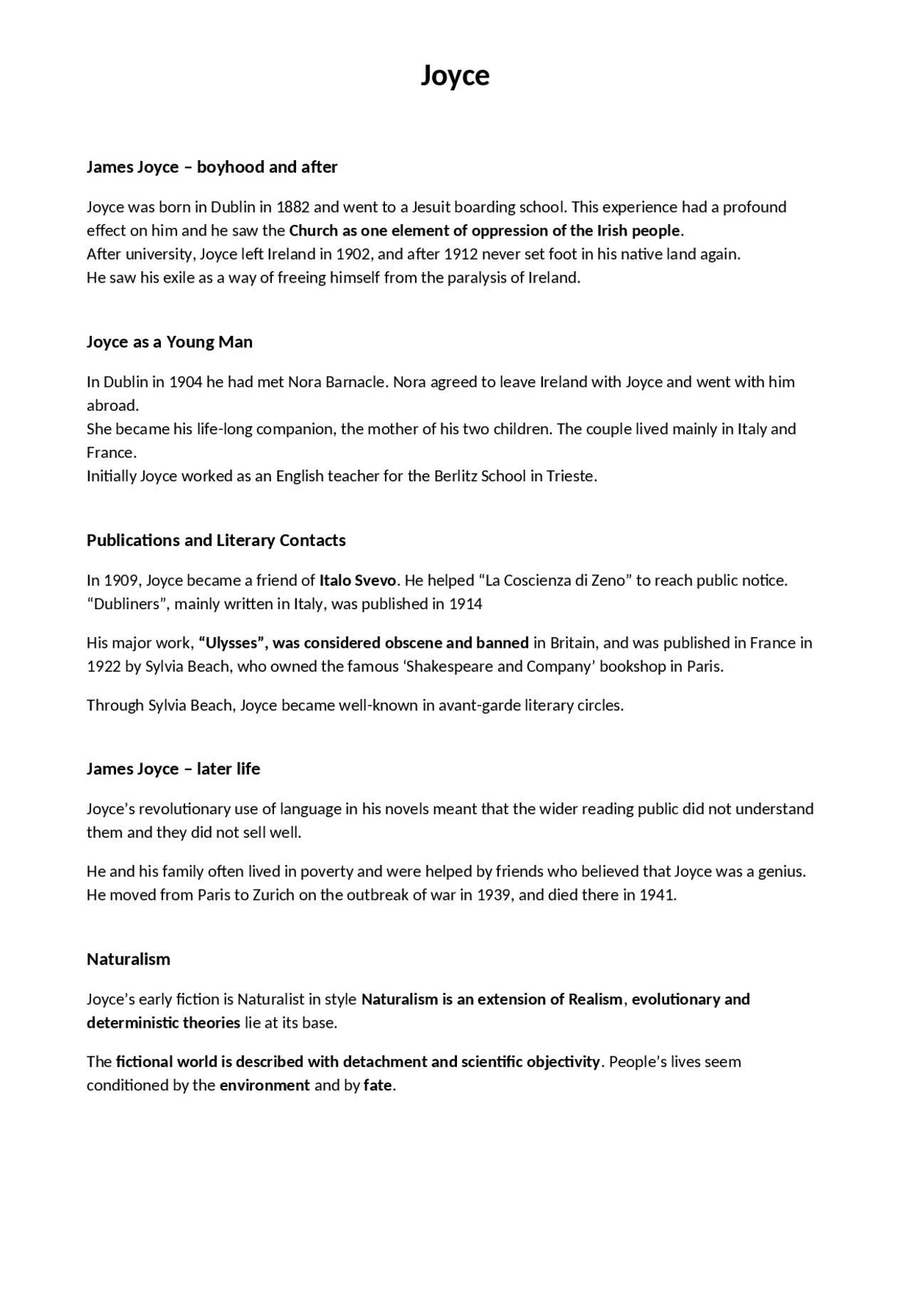 James Joyce - vita e le principali opere | Apuntes de Inglés | Docsity
