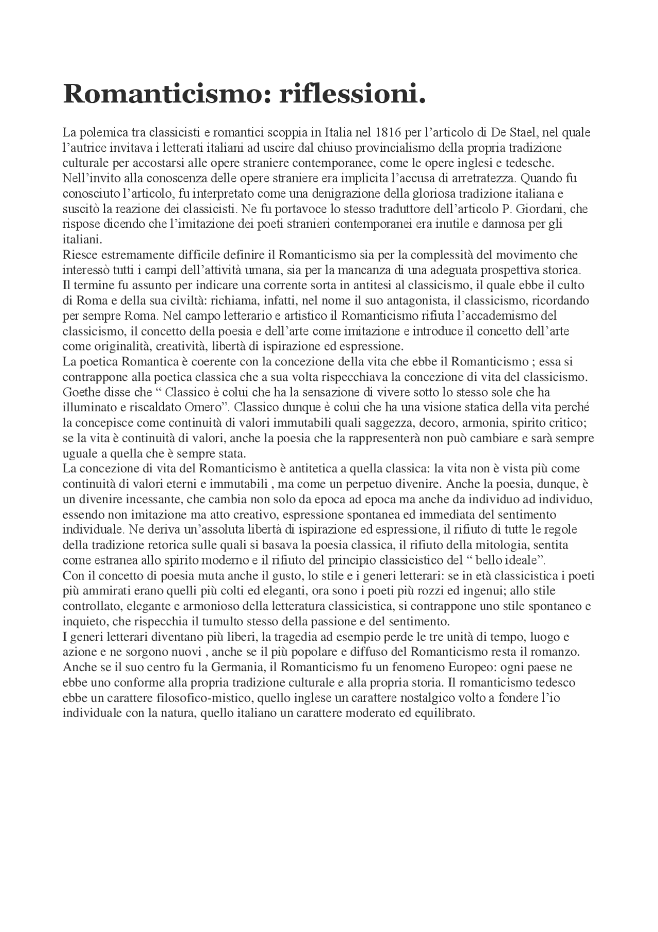 Riflessioni Sul Romanticismo Docsity