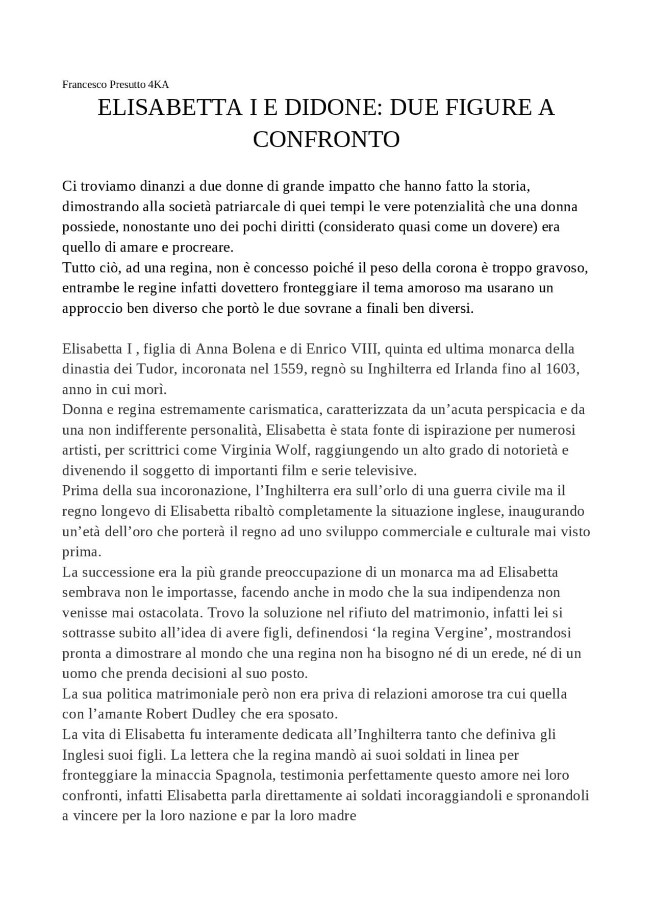 Confronto Elisabetta I E Didone Docsity