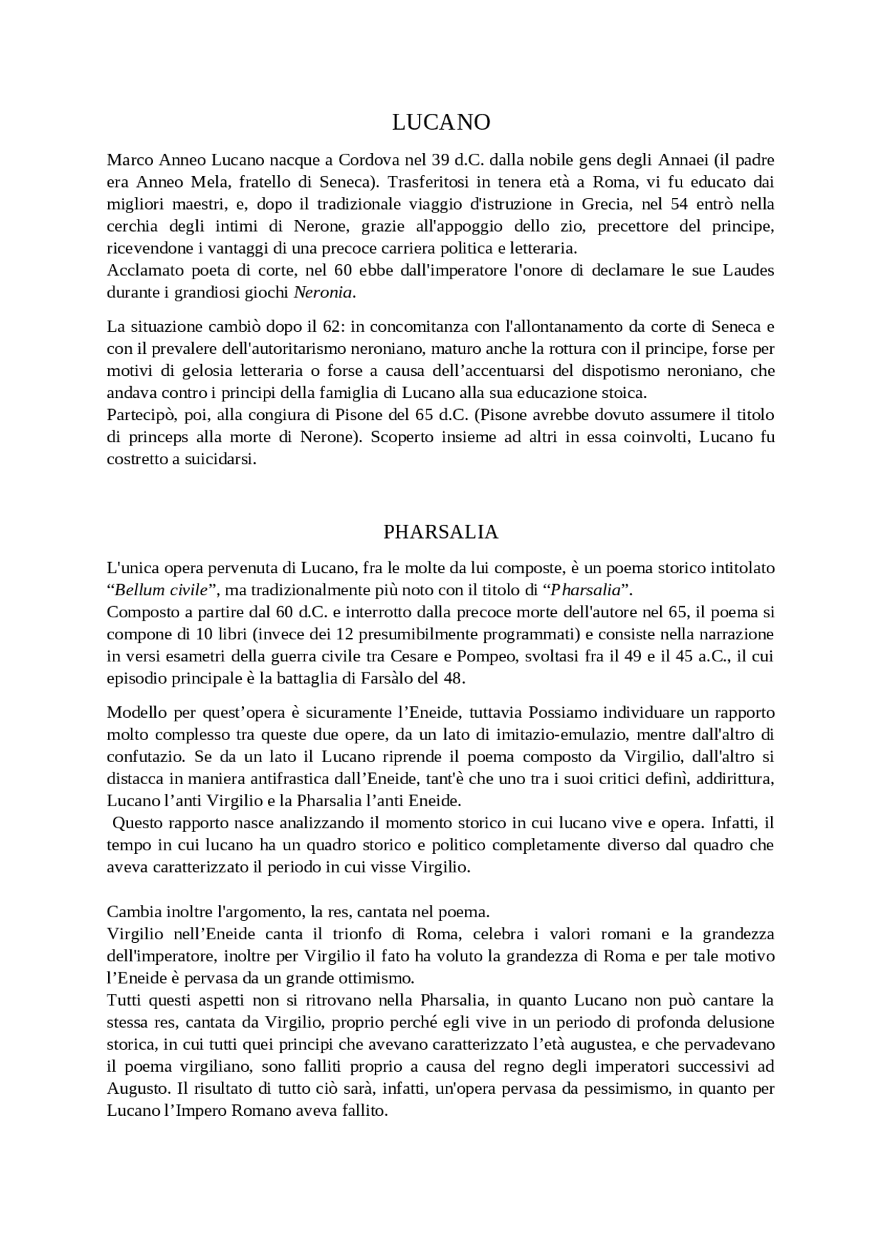 Lucano e la Pharsalia - Docsity