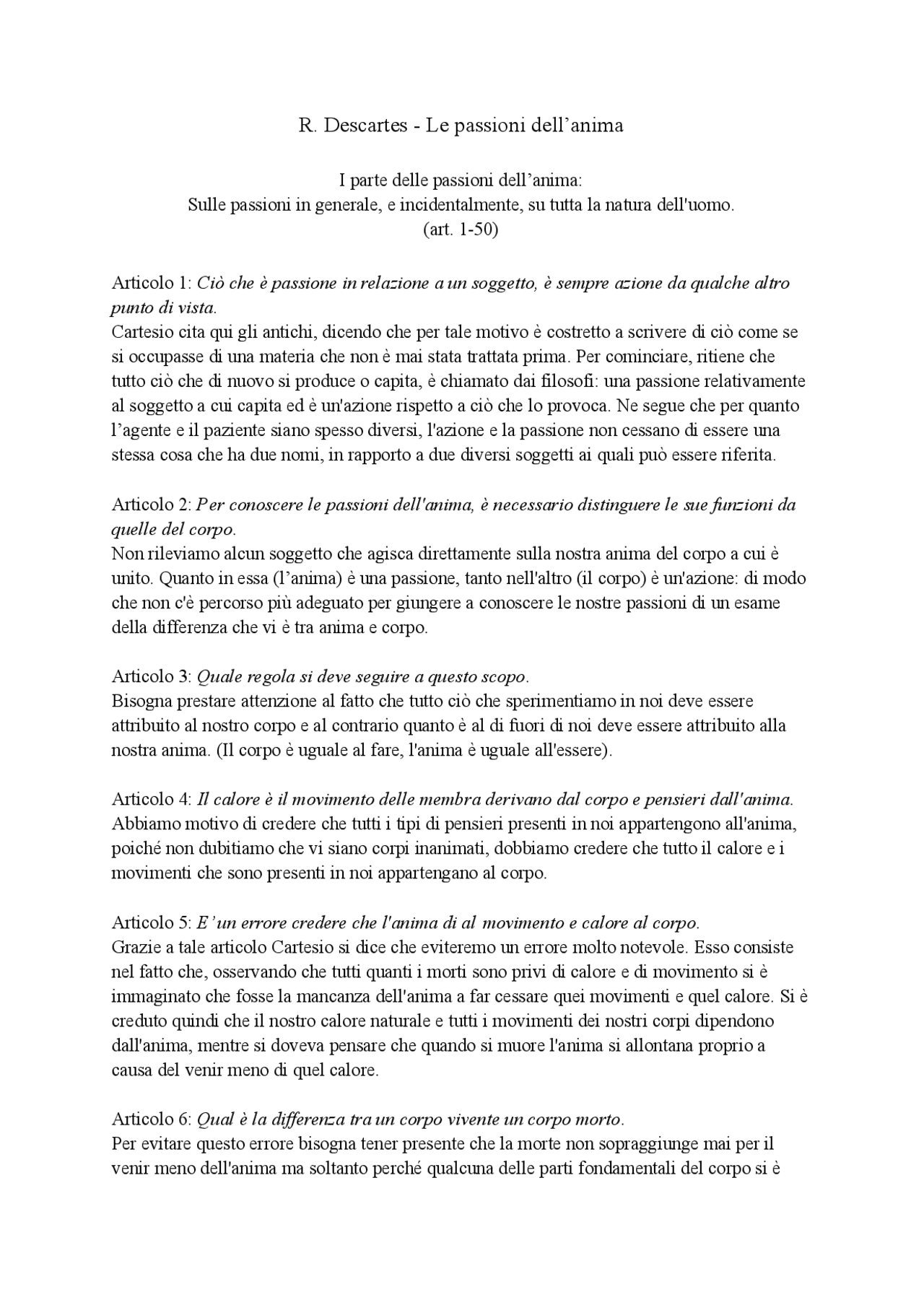Le Passioni Dellanima Cartesio Docsity