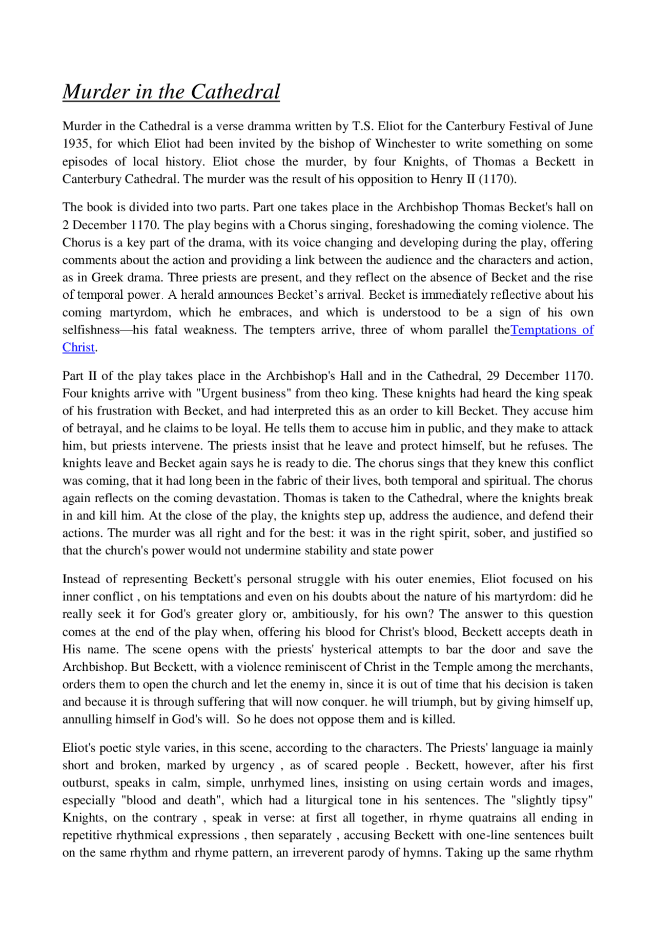 Murder in the Cathedral by T.S. Eliot - Docsity