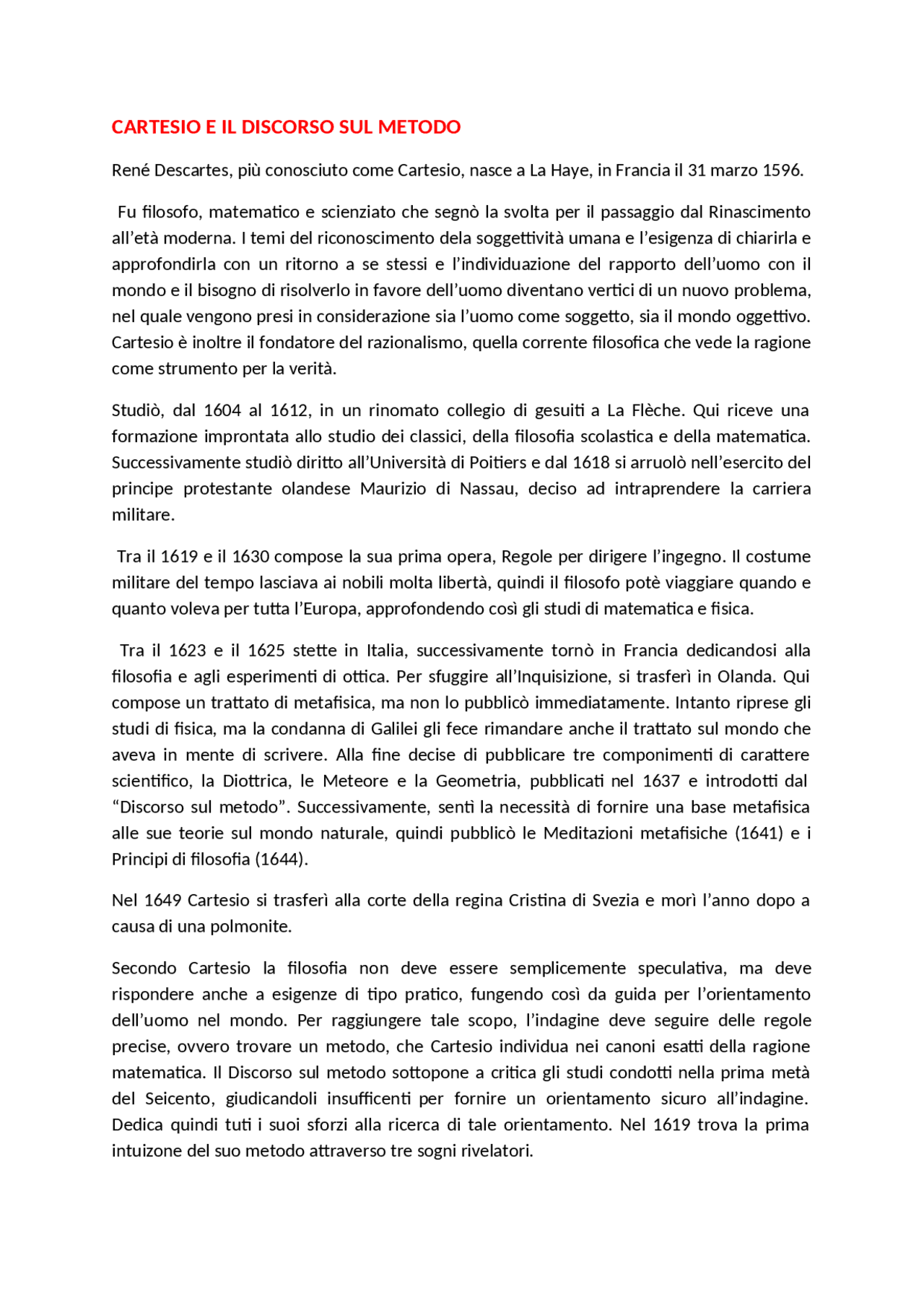 Cartesio E Il Discorso Sul Metodo Docsity