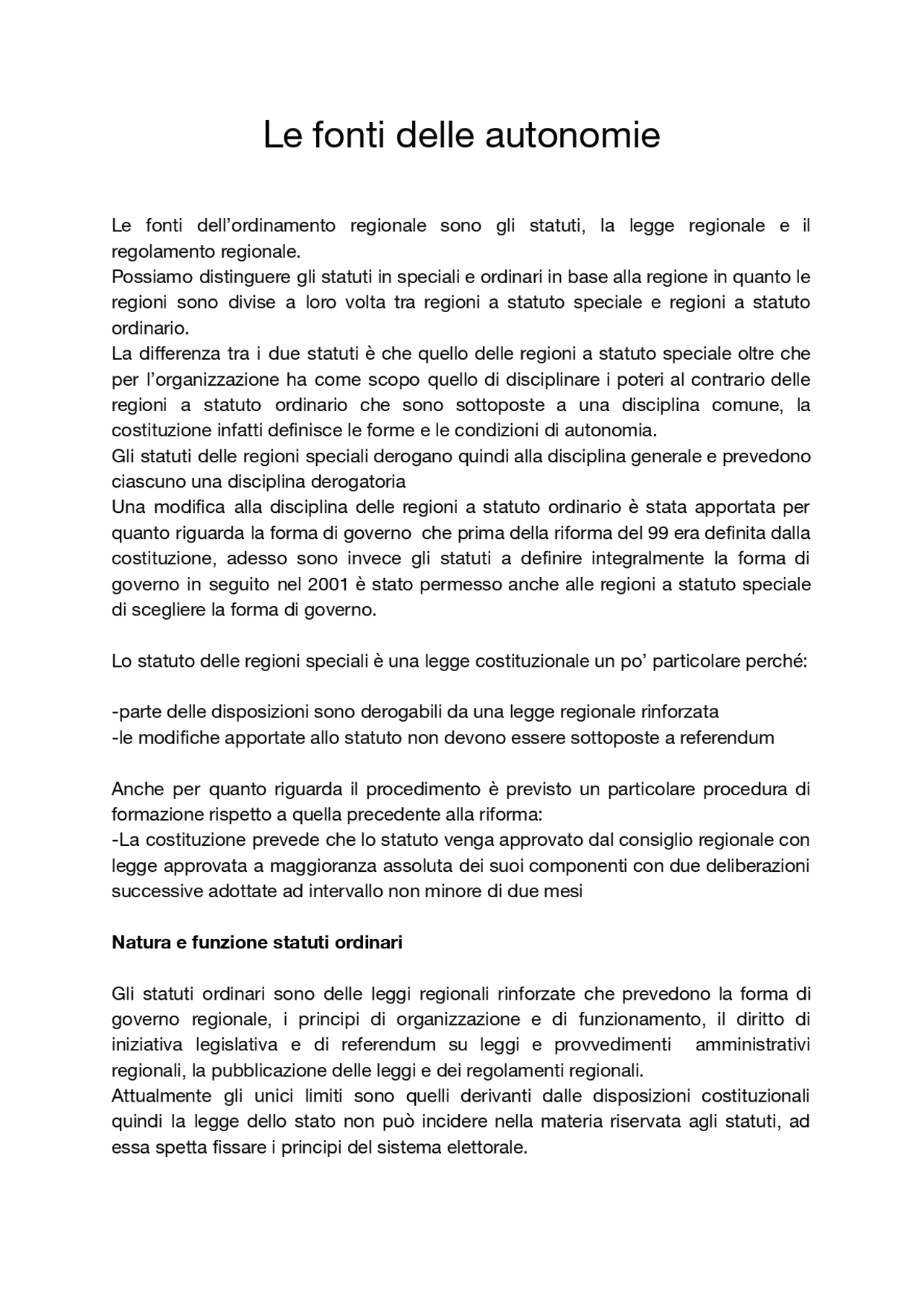 Le Fonti Delle Autonomie Schemi Riepilogativi Docsity