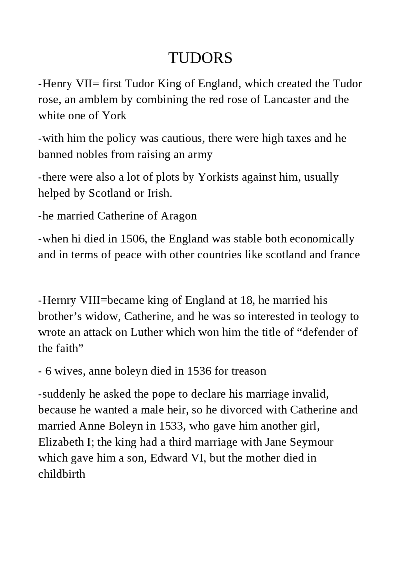 THE TUDOR DYNASTY - SUMMARY | Sintesi del corso di Inglese | Docsity