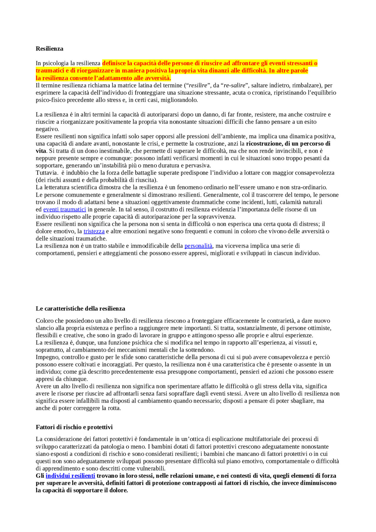 Resilienza Fattori di Rischio e di Protezione | Appunti di Psicologia dello Sviluppo | Docsity