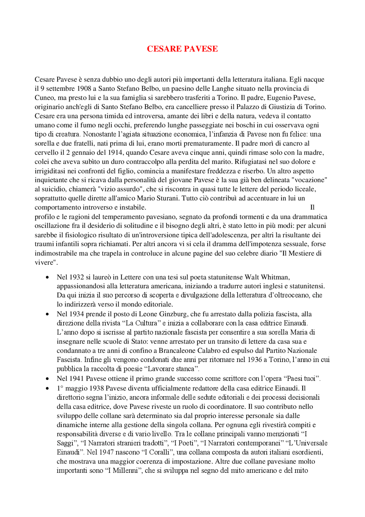 Ricerca Su Cesare Pavese Docsity