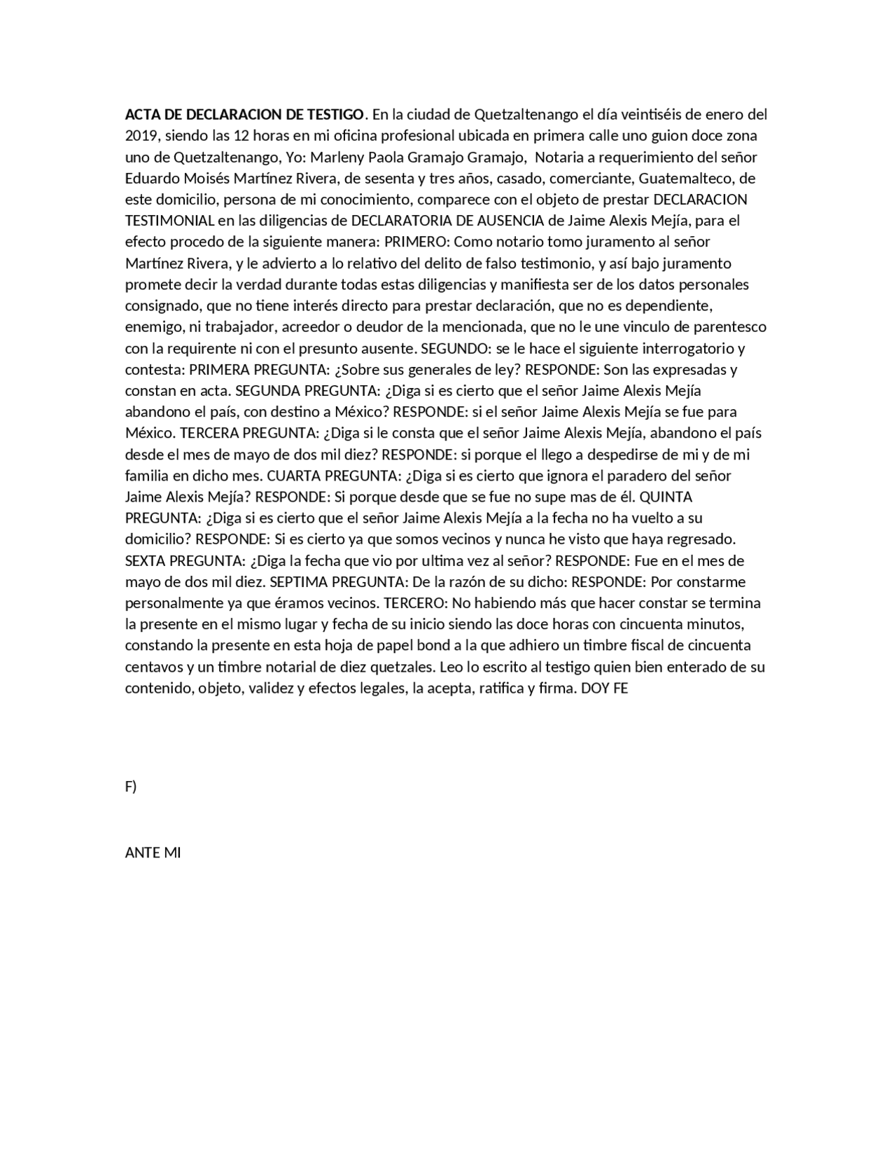 Testimonio de Eduardo Martínez Rivera sobre la ausencia de Jaime Mejía ...