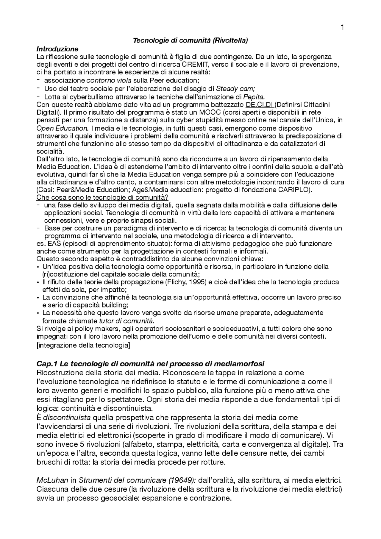 Riassunto Tecnologie Di Comunità Docsity