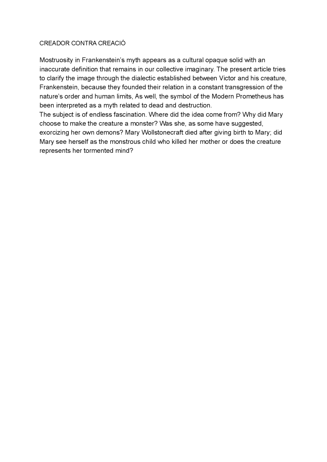 Frankenstein The Myth Docsity