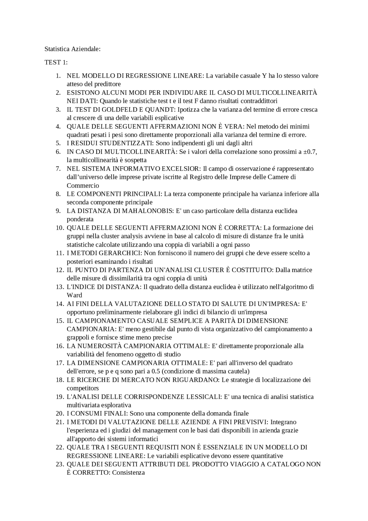Statistica Aziendale Lm77 Management Università Mercatorum Docsity