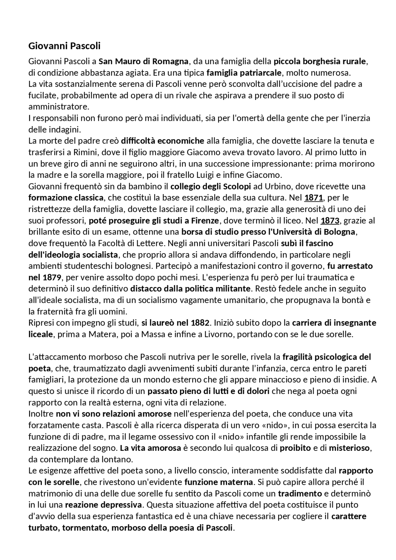Pascoli Vita E Opere Docsity