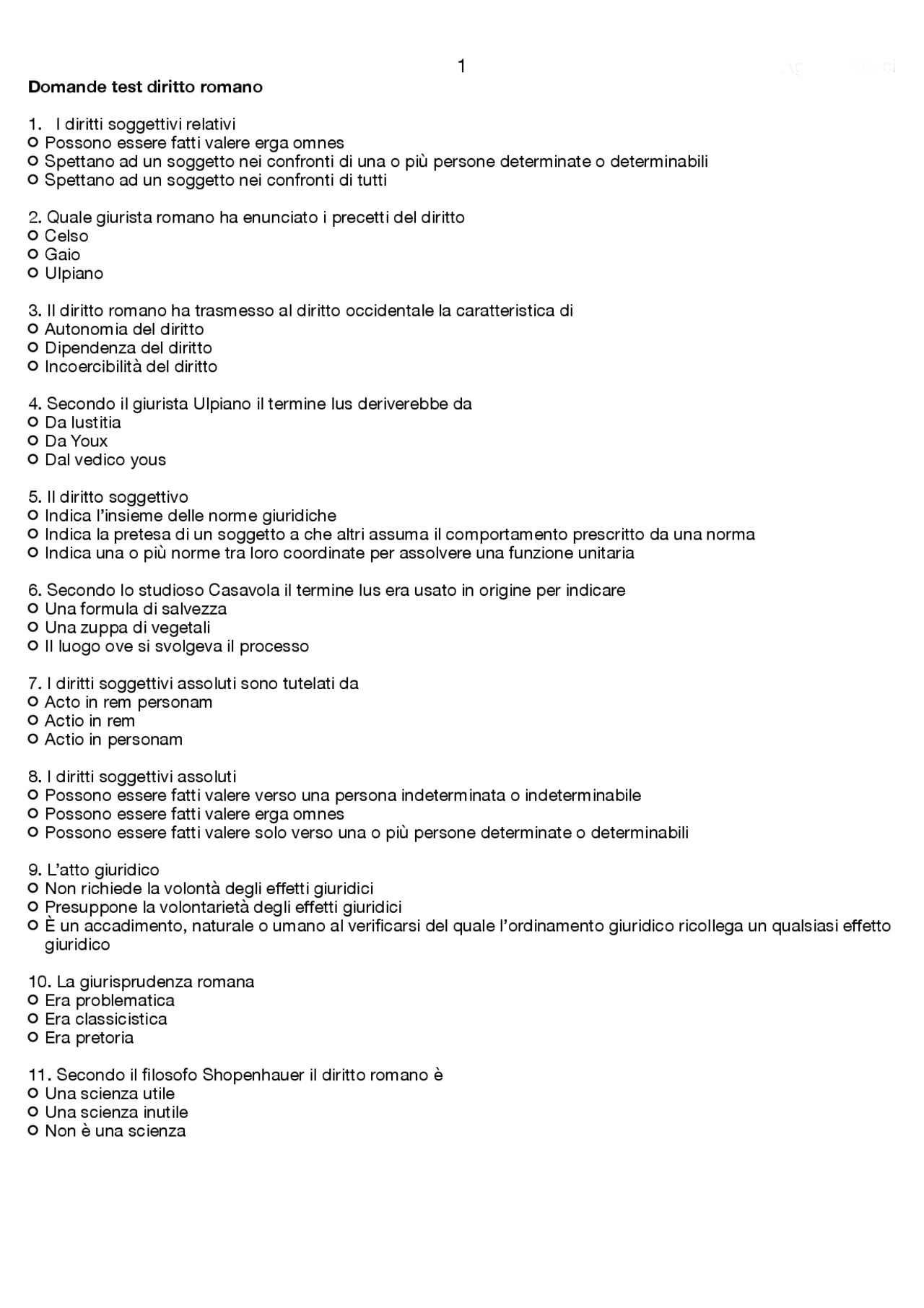 Domande Quiz Diritto Romano Docsity